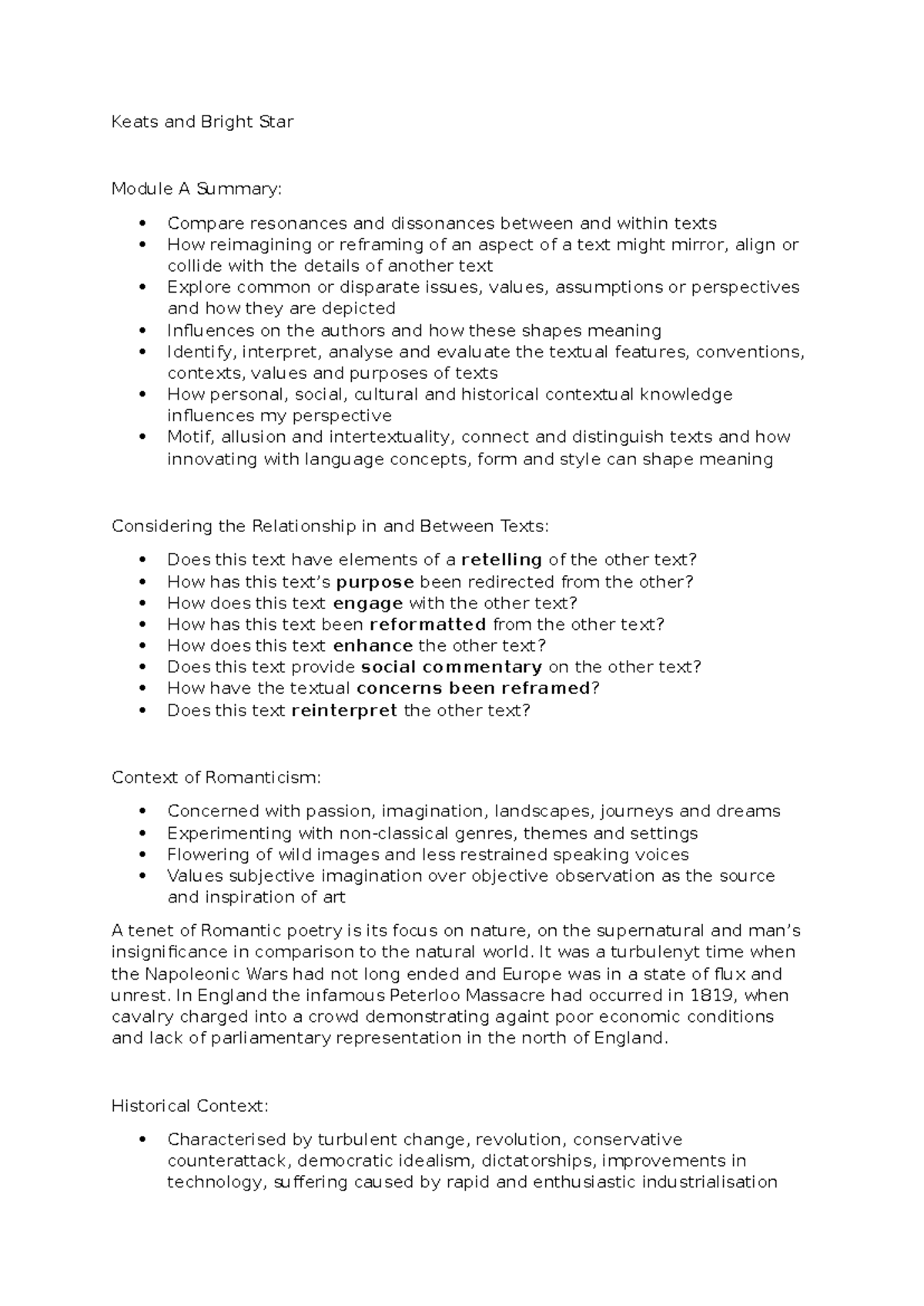 Keats and Bright Star: Comprehensive Summary Notes and Analysis - Studocu