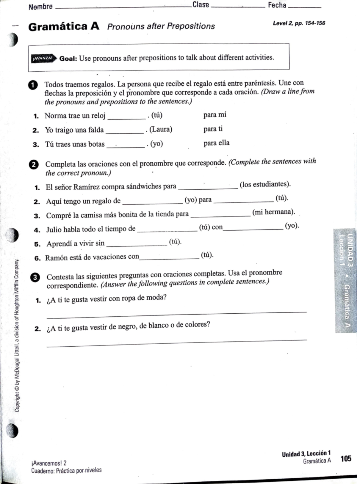 Independent Practice - Grammatica A & B: Pronouns After Prepositions ...