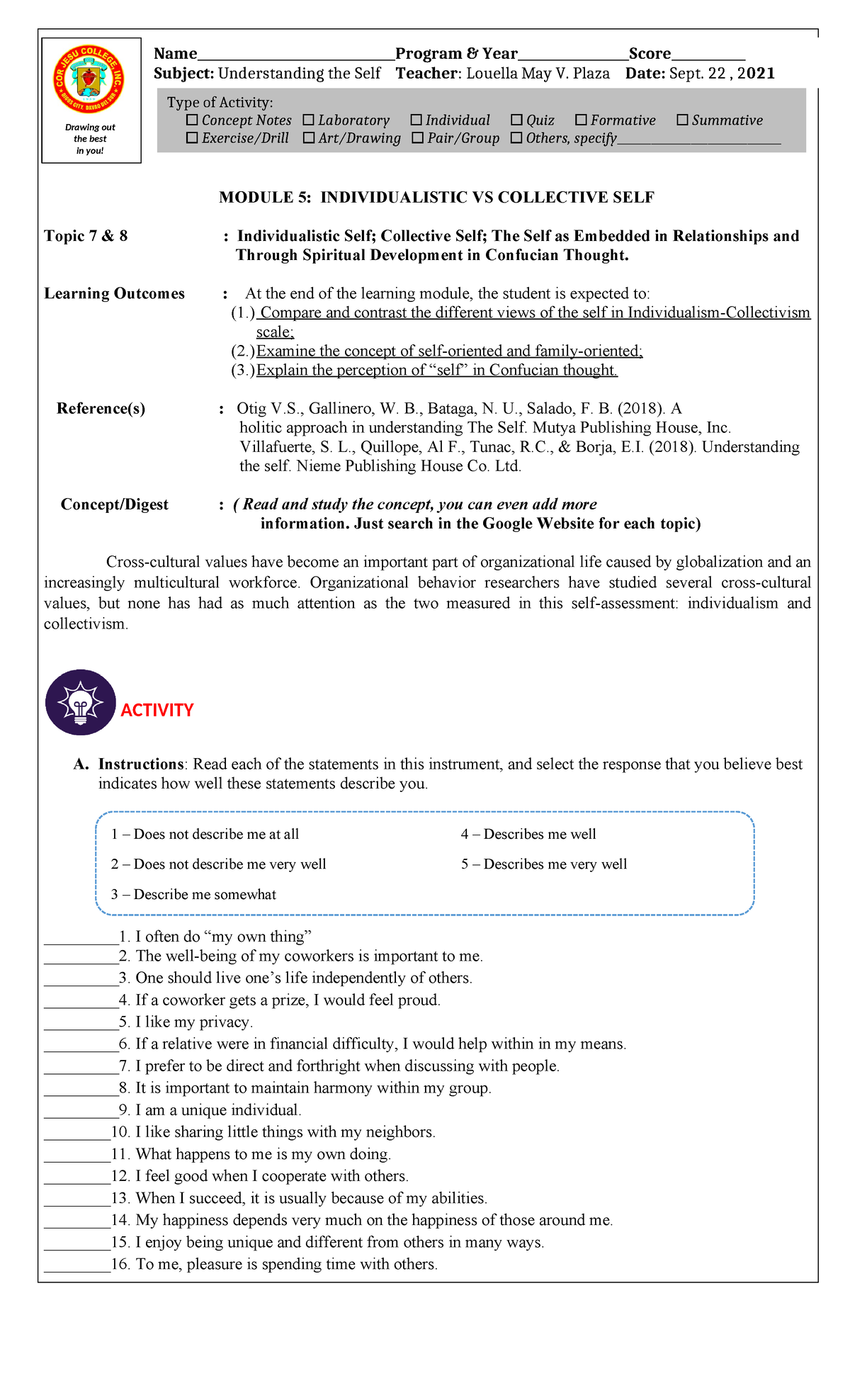 Module 5 UTS: Individualistic vs Collective Self - Topics 6 & 7 Summary ...