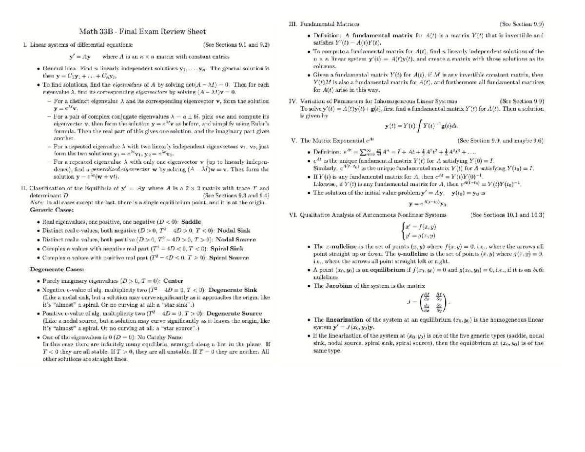 MATH 33B Final Exam Review: Fundamental Matrices & Linear Systems - Studocu