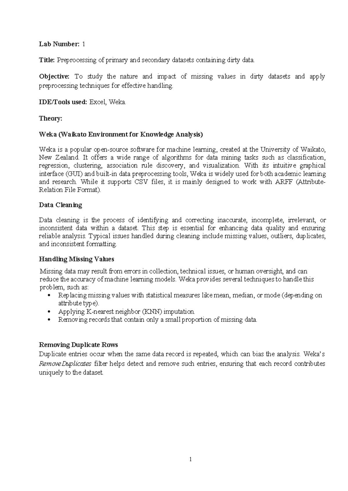 Lab 1: Preprocessing Techniques for Dirty Datasets in Weka - Studocu
