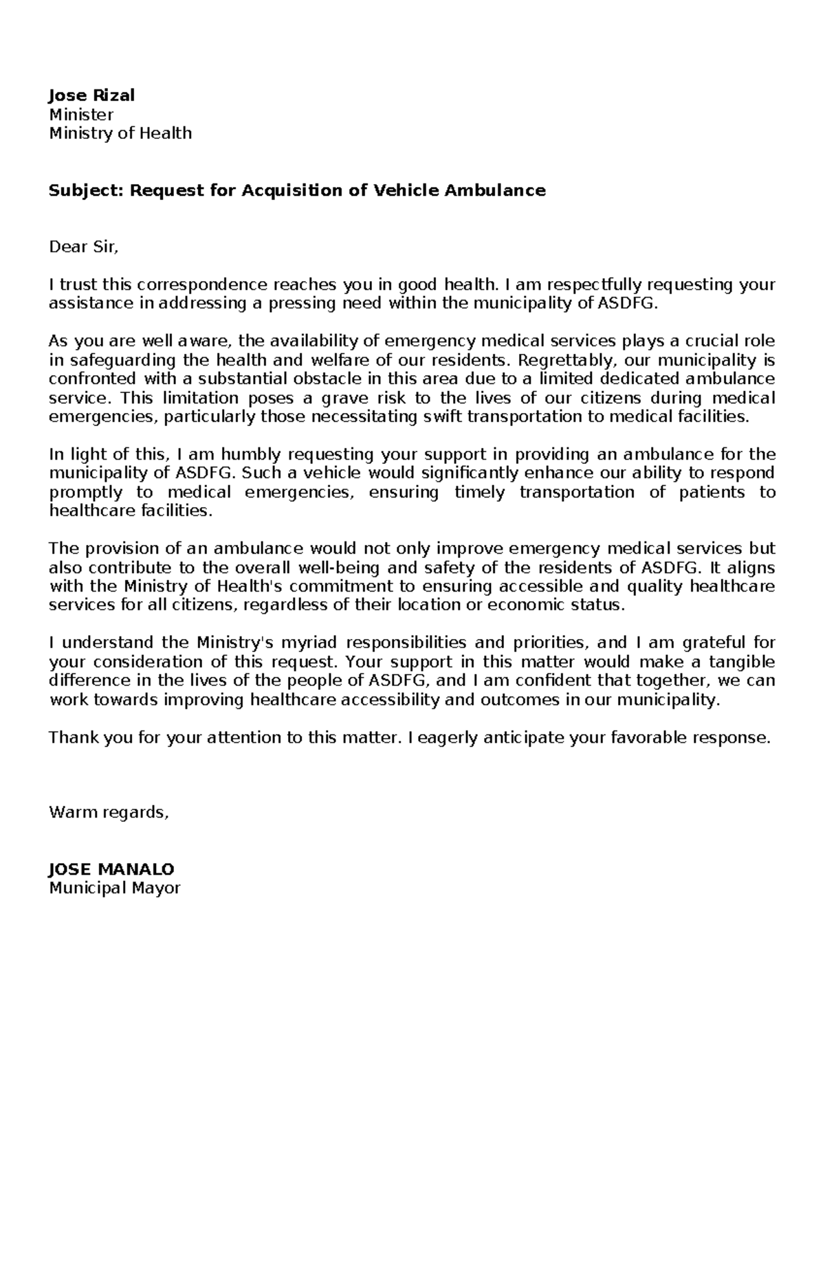 Request for Ambulance Acquisition - Jose Rizal, Ministry of Health ...
