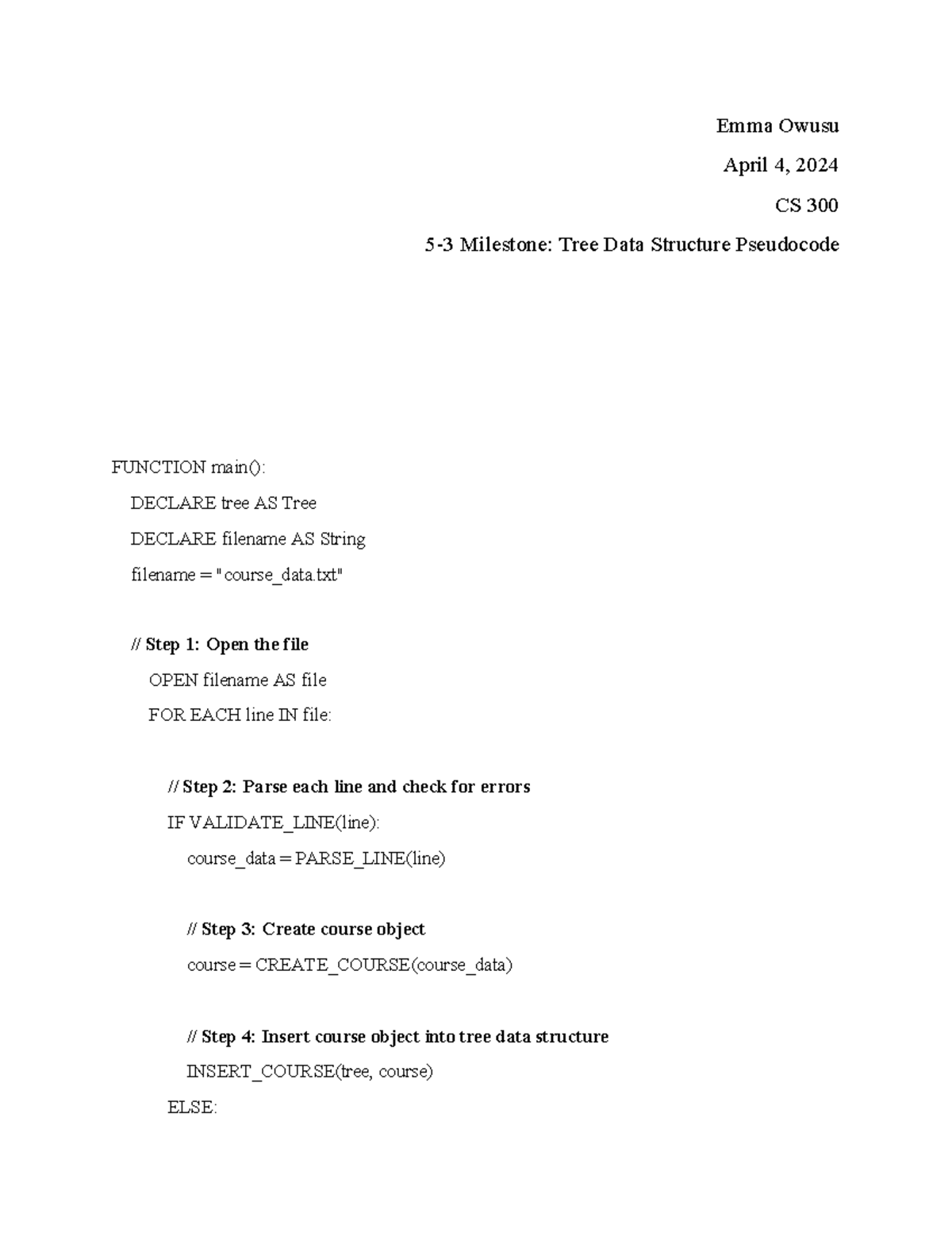 CS 300 5-3 Milestone: Pseudocode for Tree Data Structure Implementation - Studocu