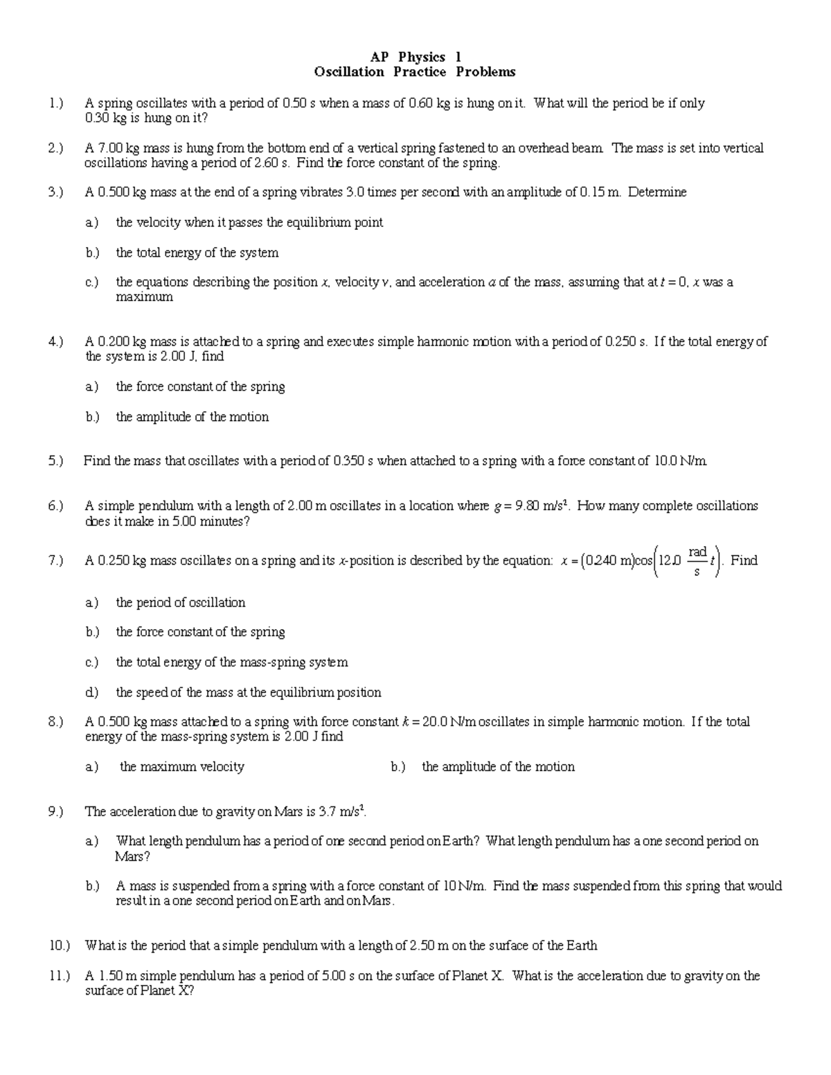 AP Physics 1: Oscillation Practice Problems and Solutions - Studocu
