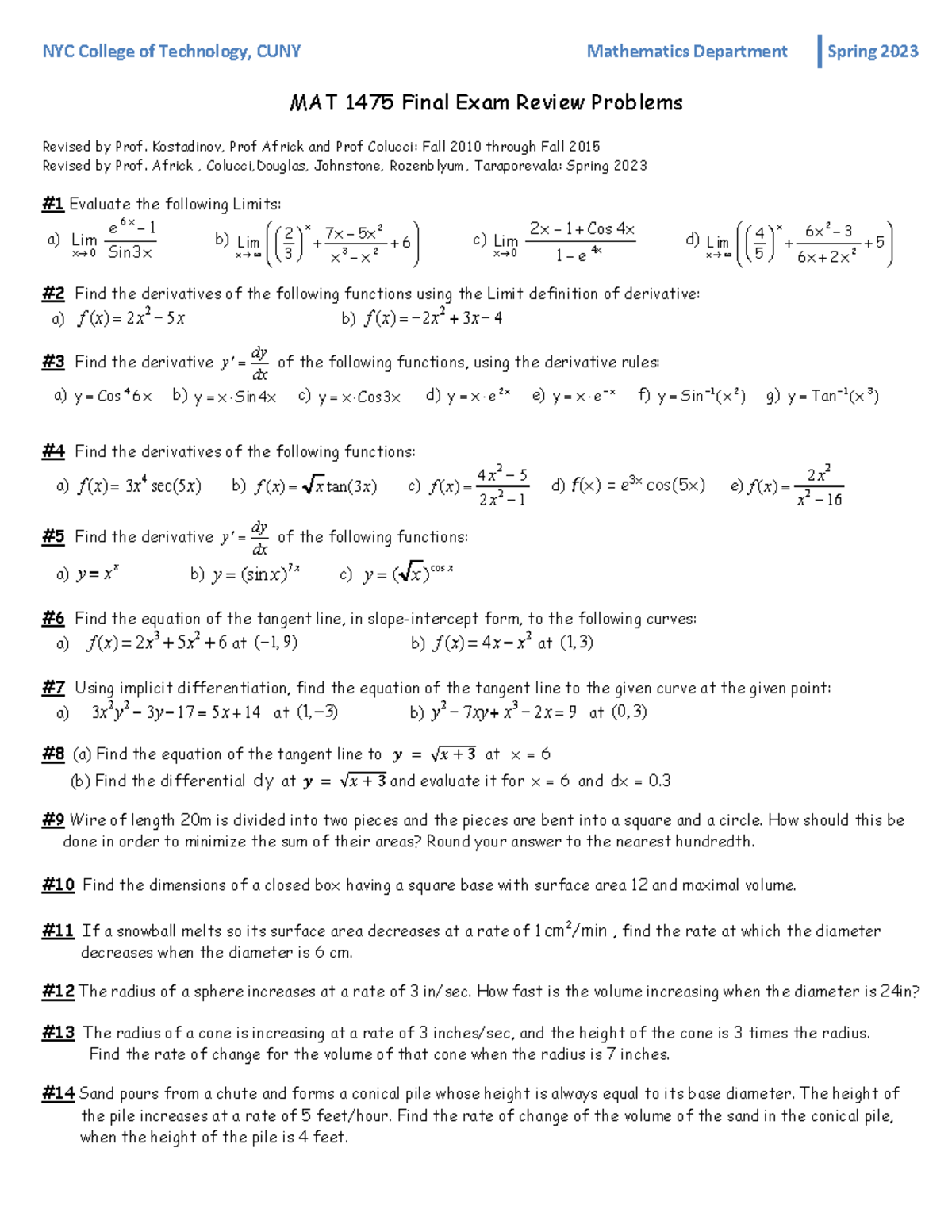 MAT1475 Final Exam Review - Key Concepts and Problems - Studocu
