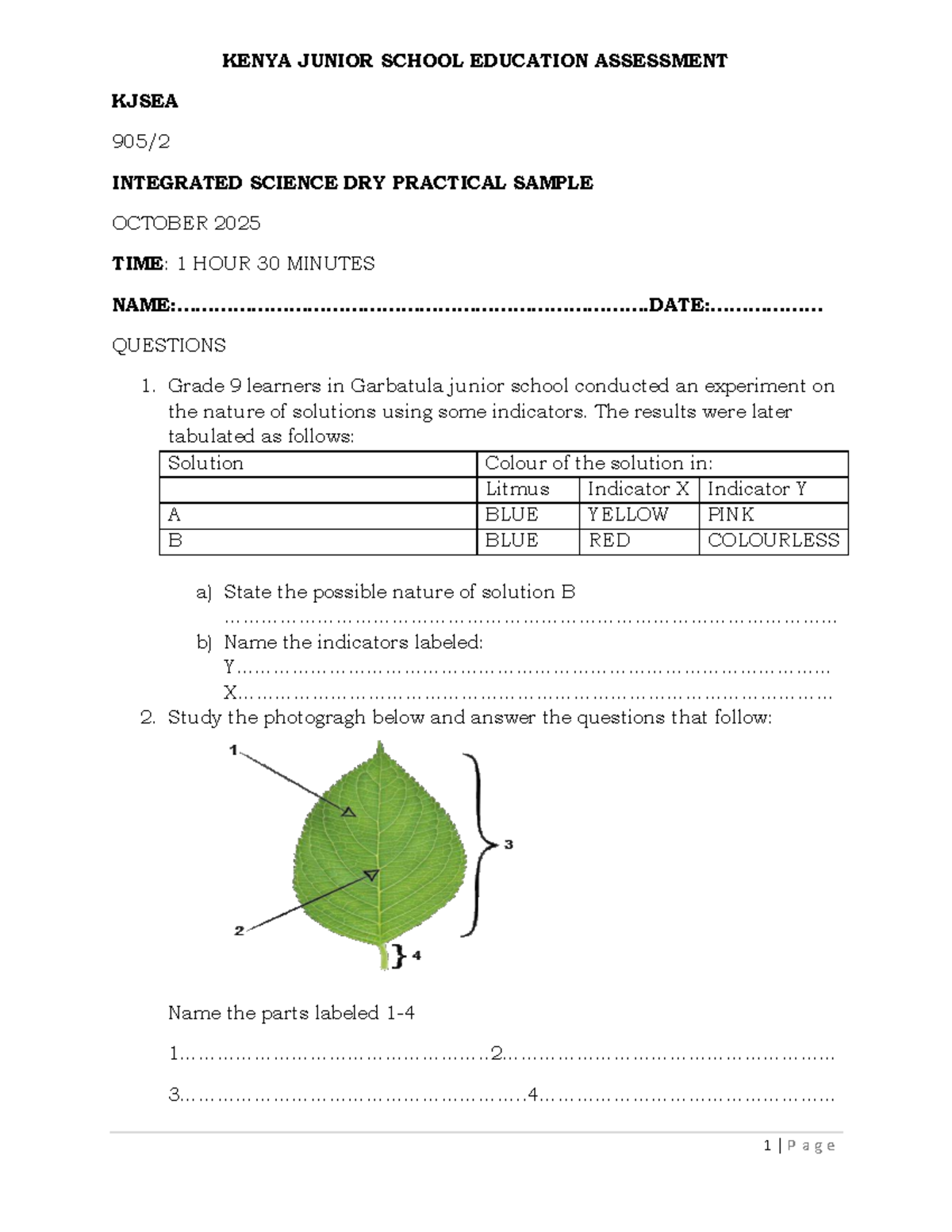 KJSEA Integrated Science Practical Sample - October 2025 - Studocu