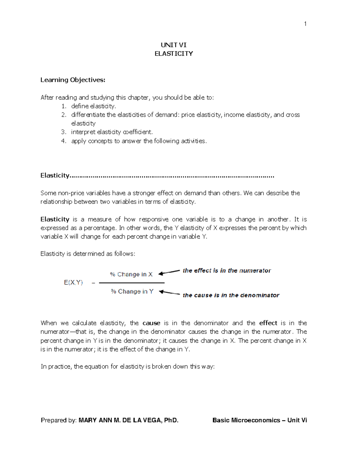 Unit VI Microeconomics: Elasticity Concepts and Applications - Studocu