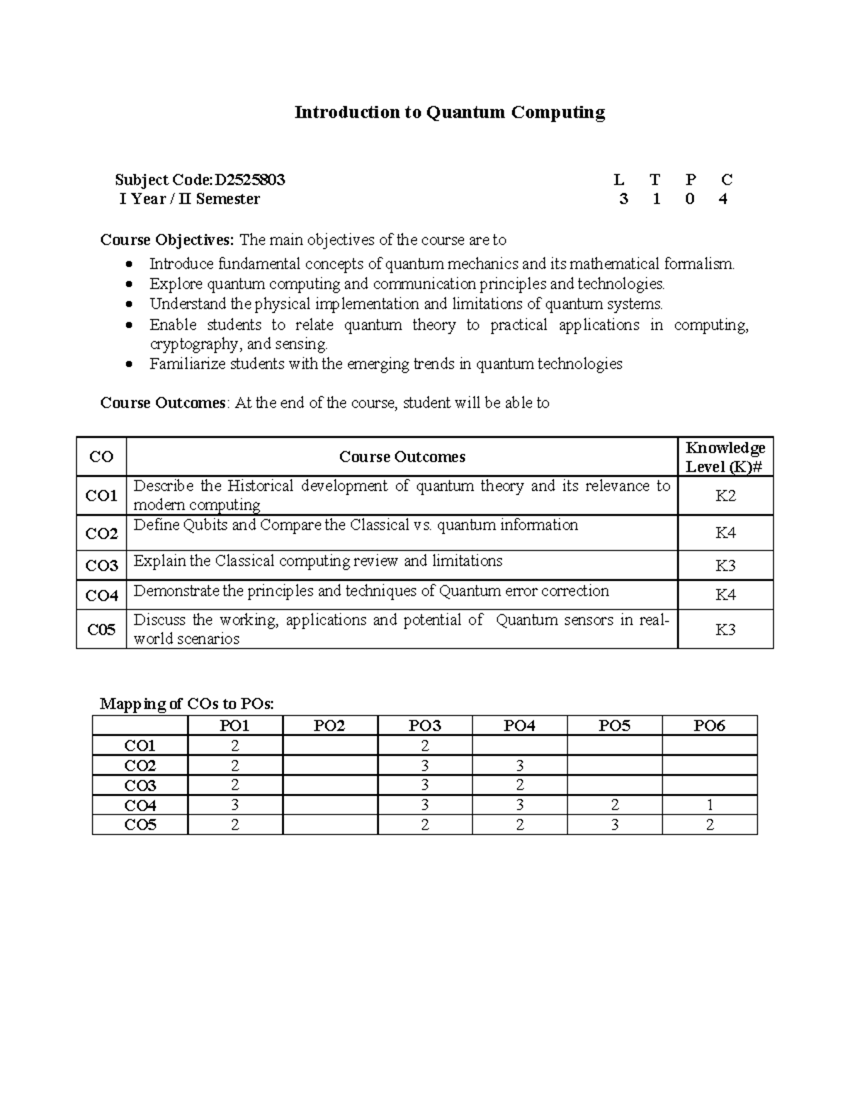 Introduction to Quantum Computing Syllabus D2525803 I Year II Sem - Studocu