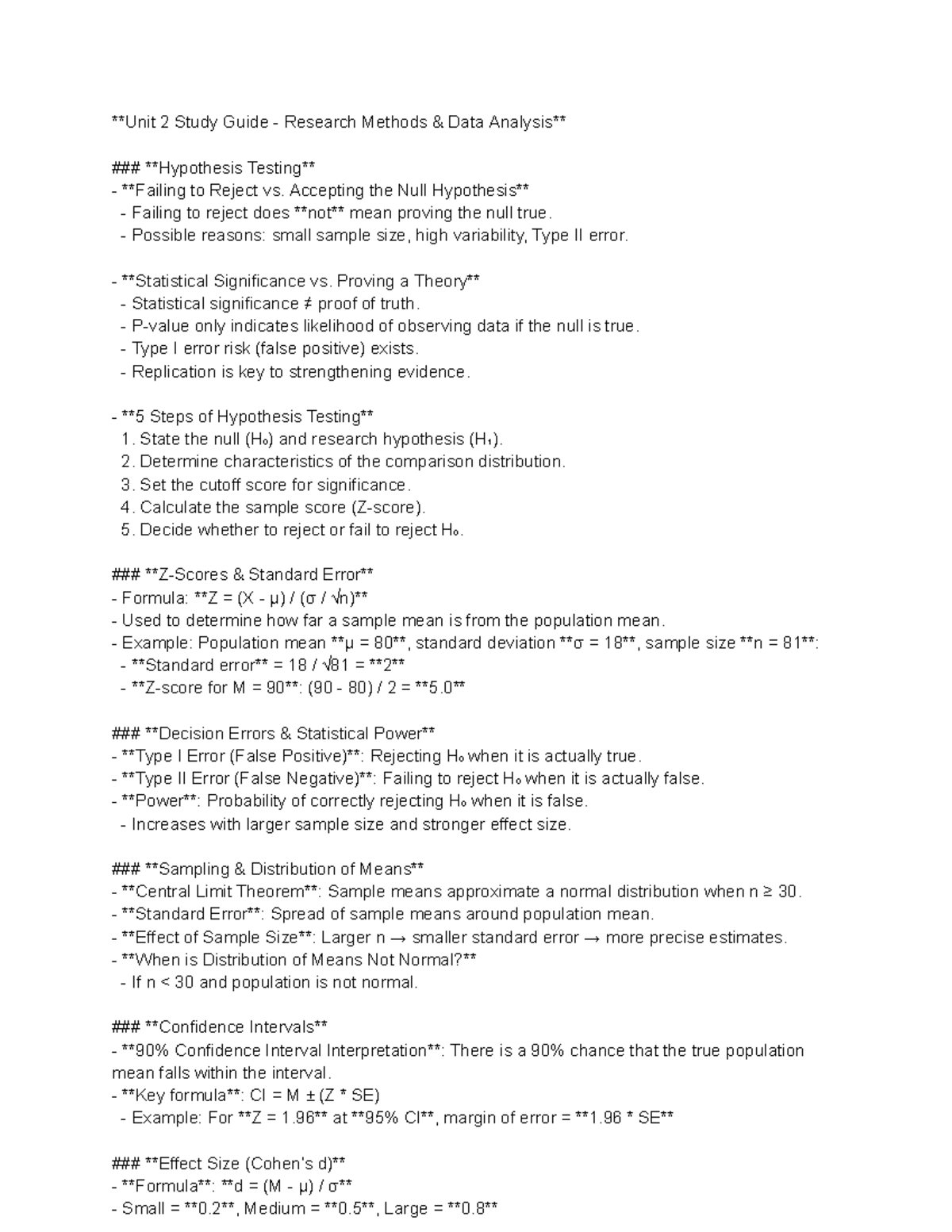 Research Methods Study Guide: Null Hypothesis & Errors (2) - Studocu