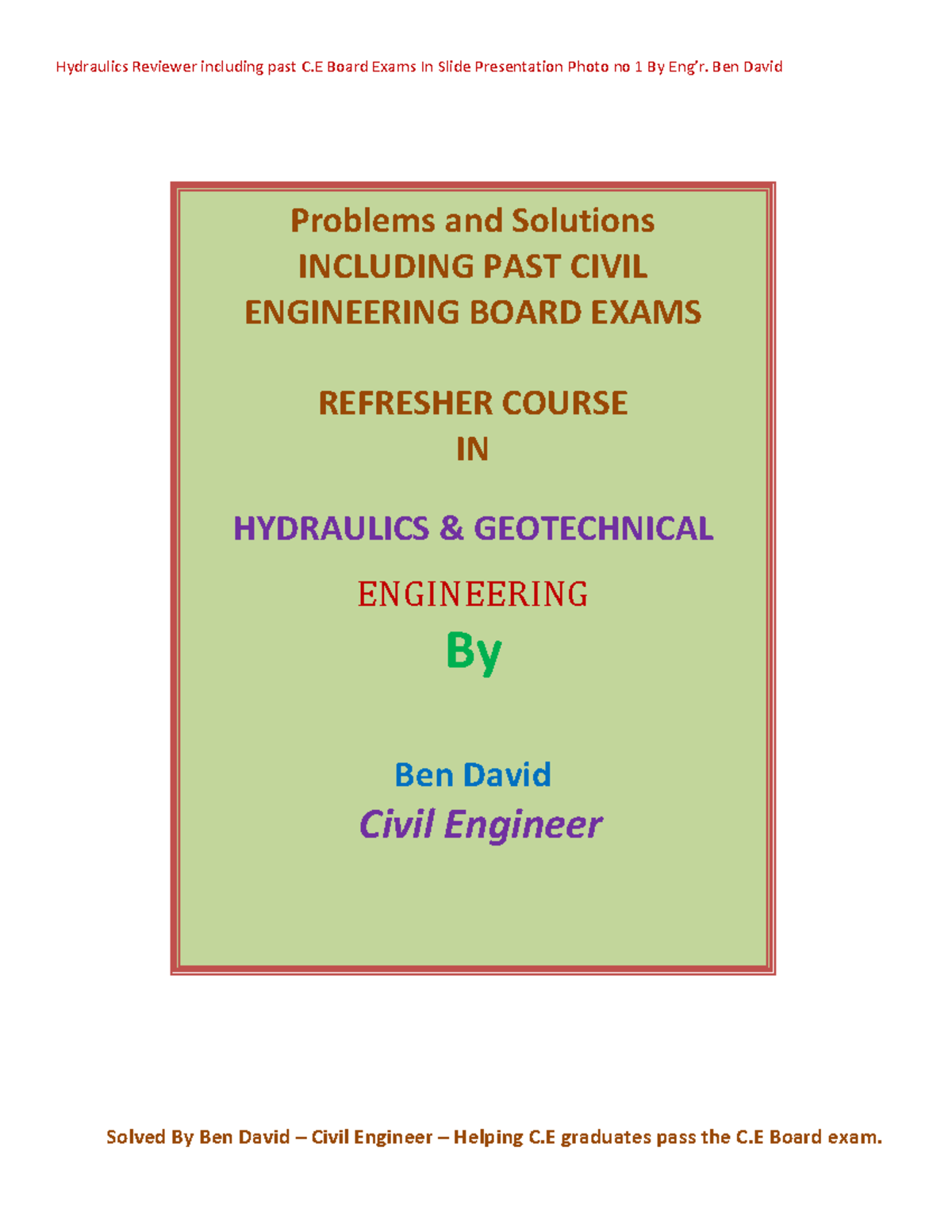 50 Hydraulics Problems & Solutions: Refresher Course by Engr. Ben David - Studocu