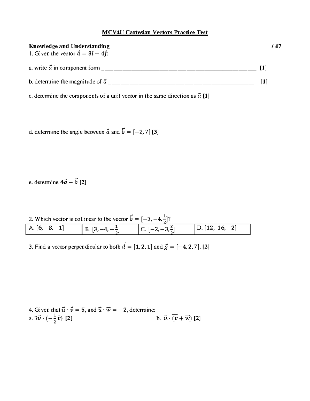 MCV4U Cartesian Vectors Practice Test - Section 6 Exercises - Studocu