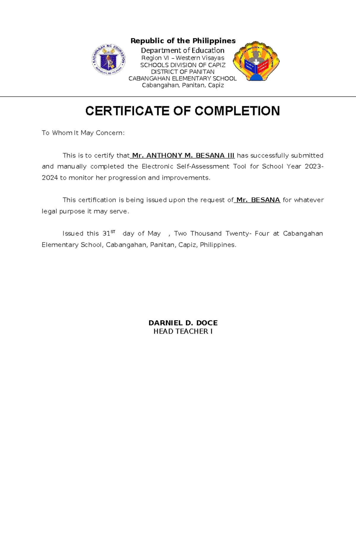 E-SAT Certificate of Completion - SY 2023-2024 - Studocu