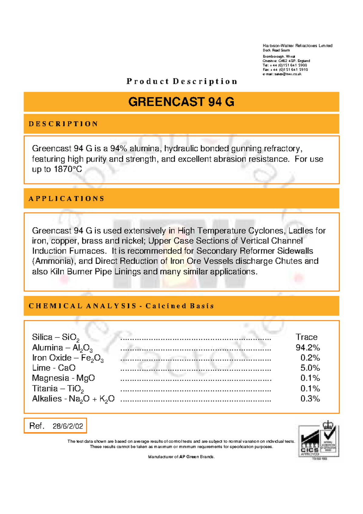 Greencast 94 G Material Description and Applications Summary - Studocu
