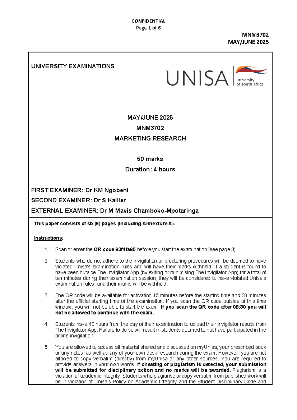 MNM3702 Marketing Research May/June 2025 Exam Instructions & Questions ...