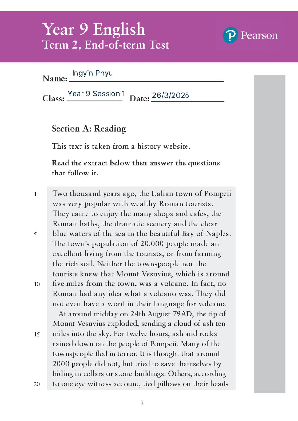 Year 9 English end of term test: Pompeii and its historical ...