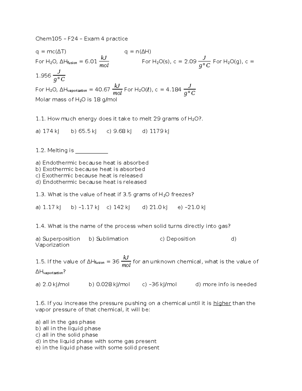 Chem105 F24 Exam 4 Practice: Energy & Phase Changes of H2O - Studocu