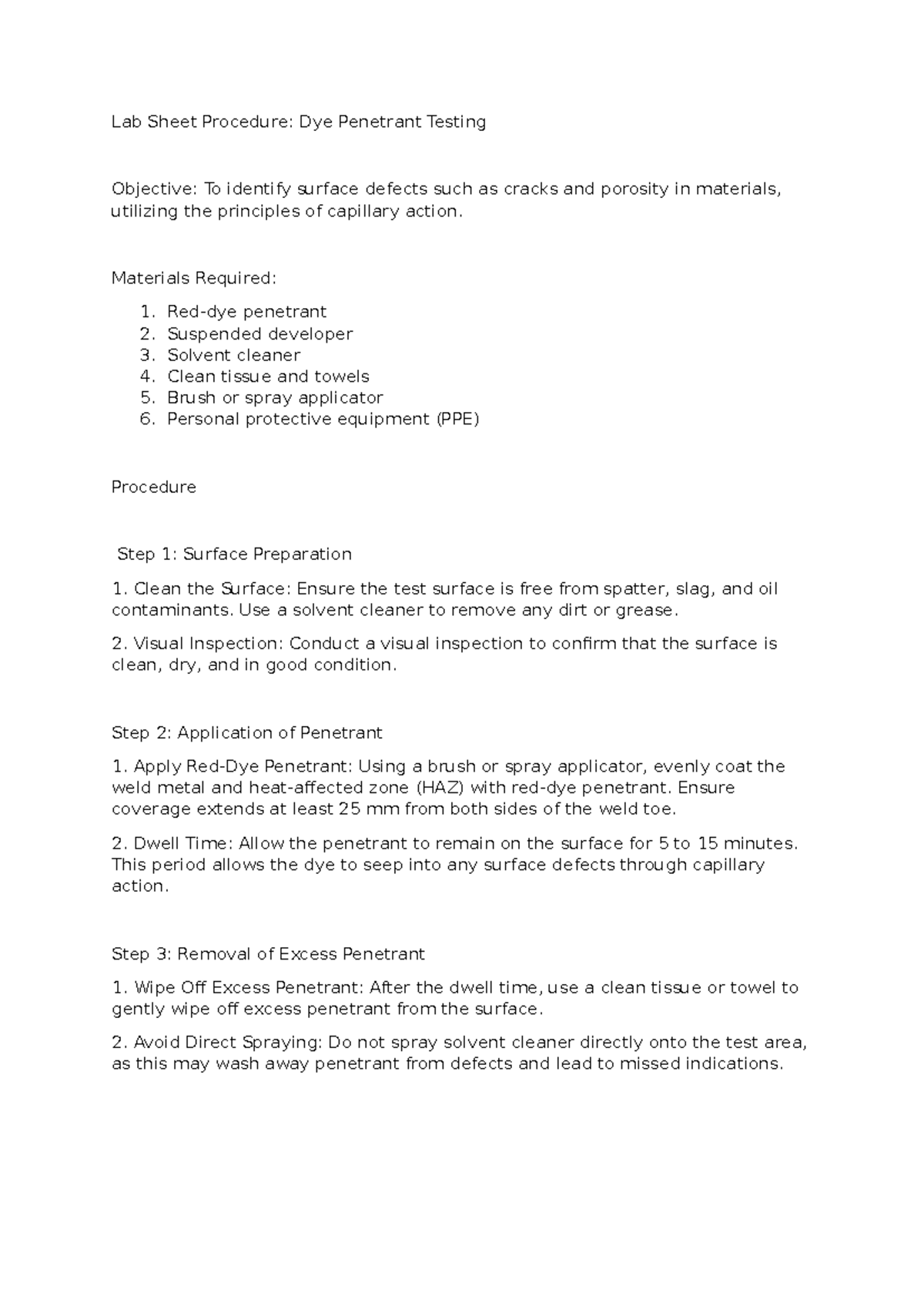 Lab Sheet Procedure: Dye Penetrant Testing (NDT) - Studocu