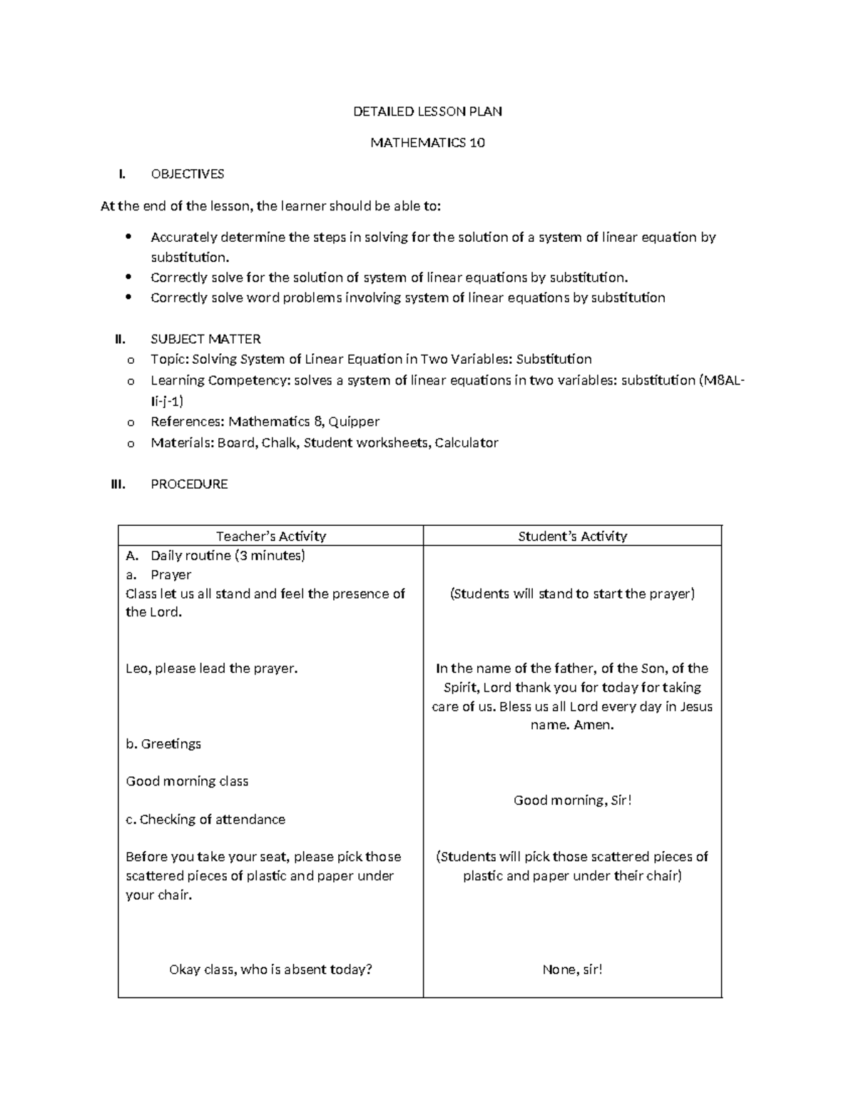 Mathematics 10 Detailed Lesson Plan: Solving Linear Equations by Substitution - Studocu
