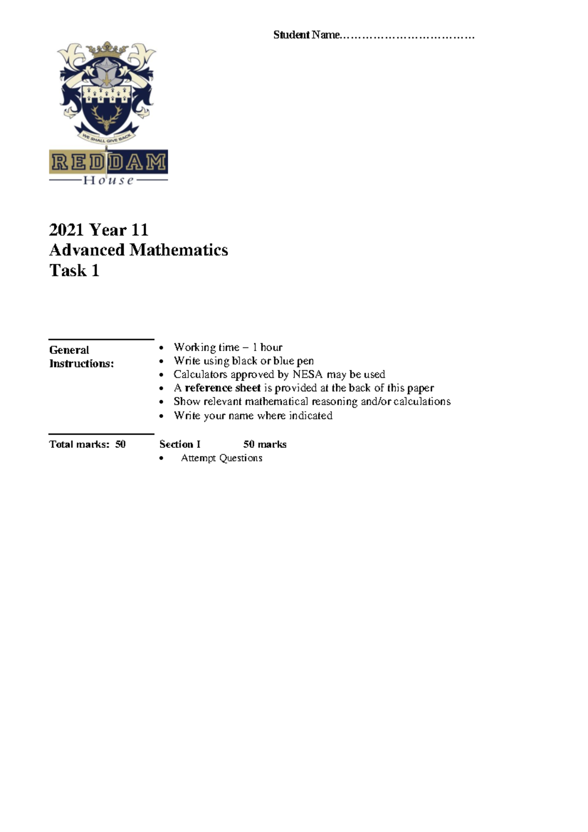 2021 Year 11 Advanced Mathematics Task 1 Instructions and Questions ...