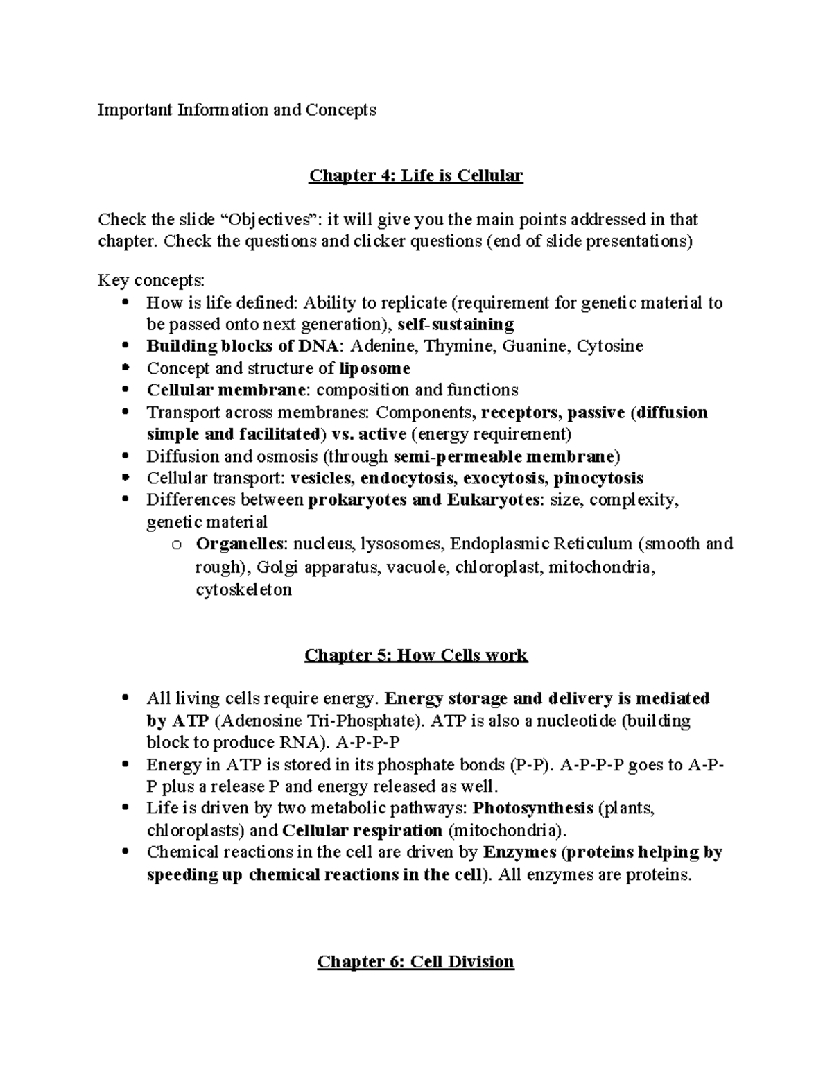 Study Guide: Chapters 4-6 (Life, Energy, Cell Division) - Studocu
