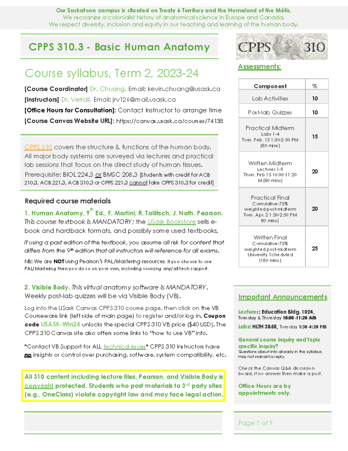 CPPS 310 Winter 2024 Anatomy Course Syllabus and Important Details - Studocu