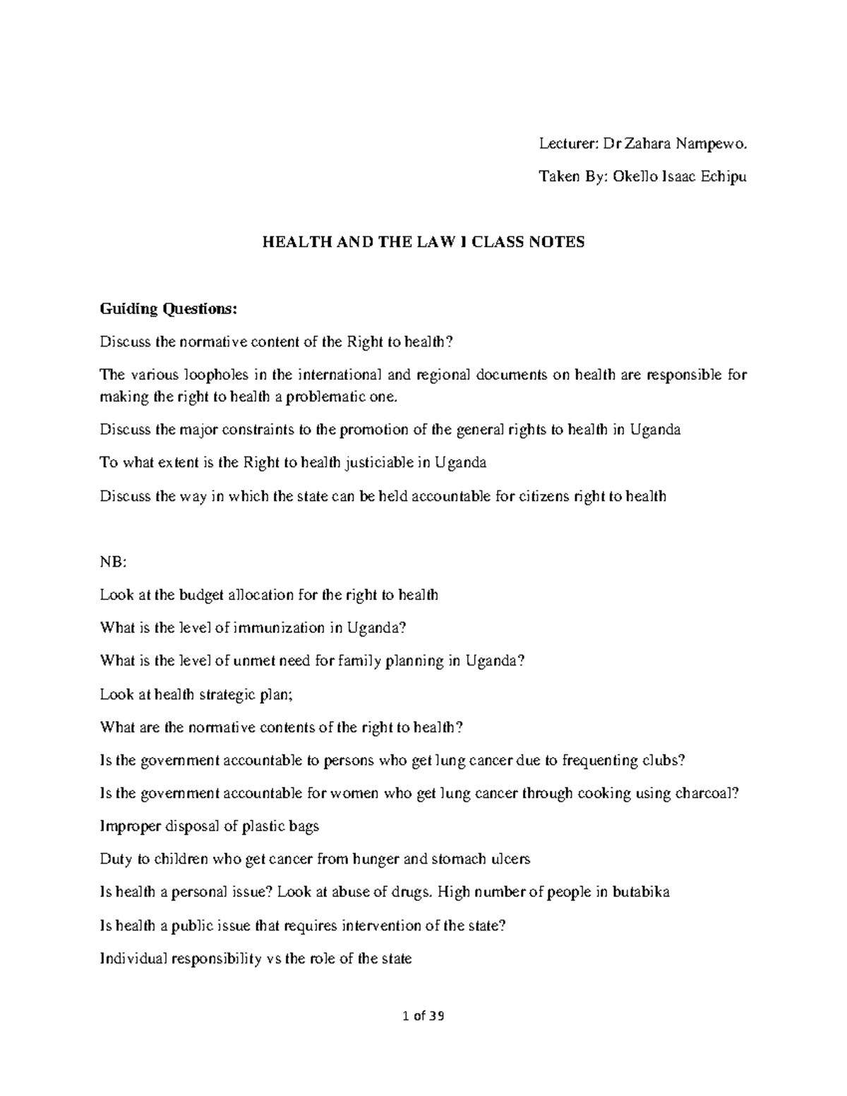 Health and the Law I Class Notes - Key Insights and Frameworks - Studocu