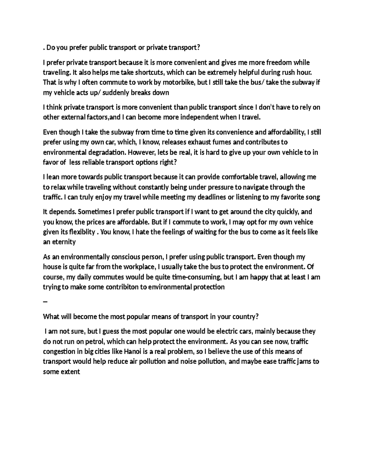 Transport Preferences: Public vs. Private Choices - Studocu