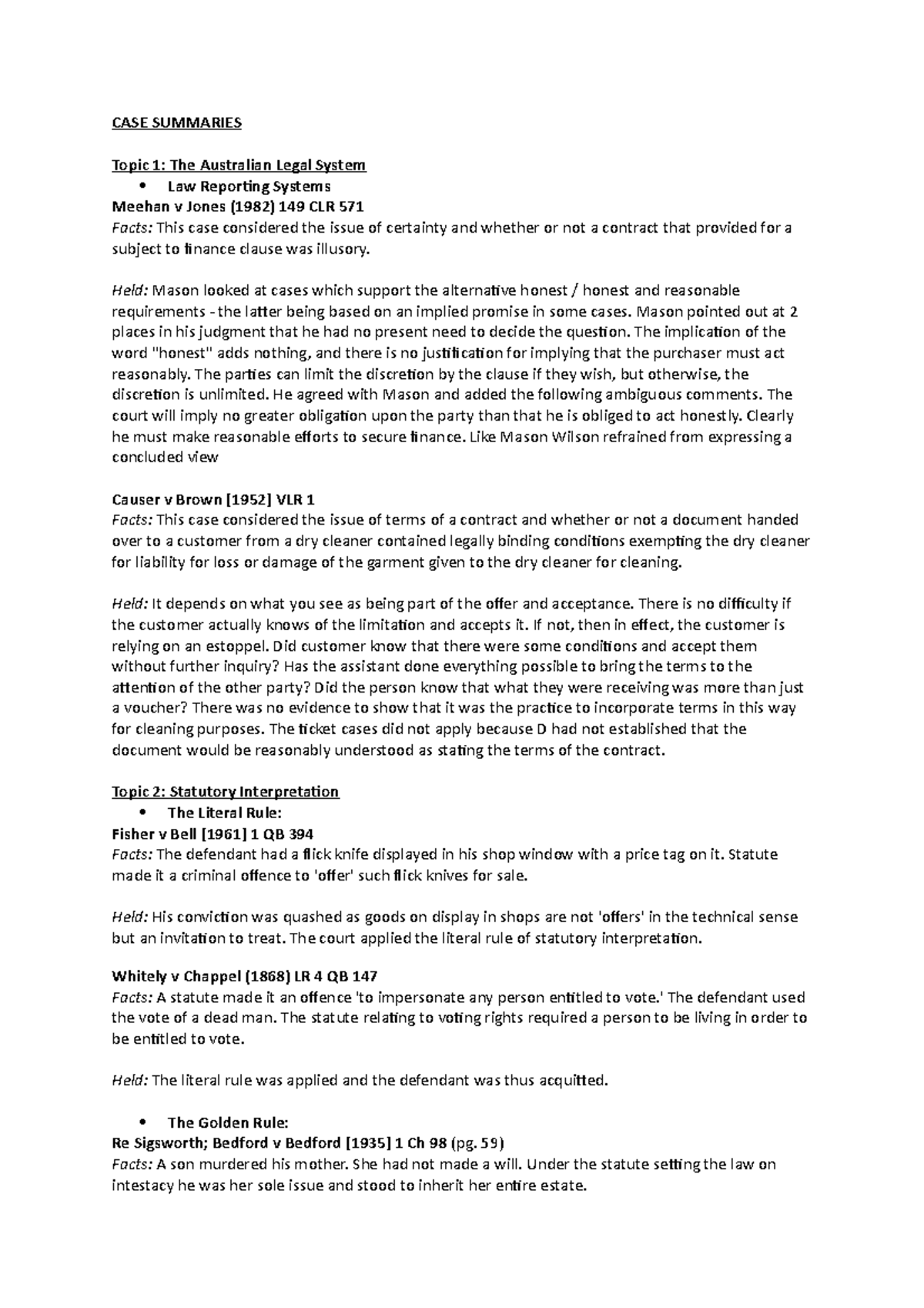 Summary - Cases week 1 - 12 - CASE SUMMARIES Topic 1: The Australian ...