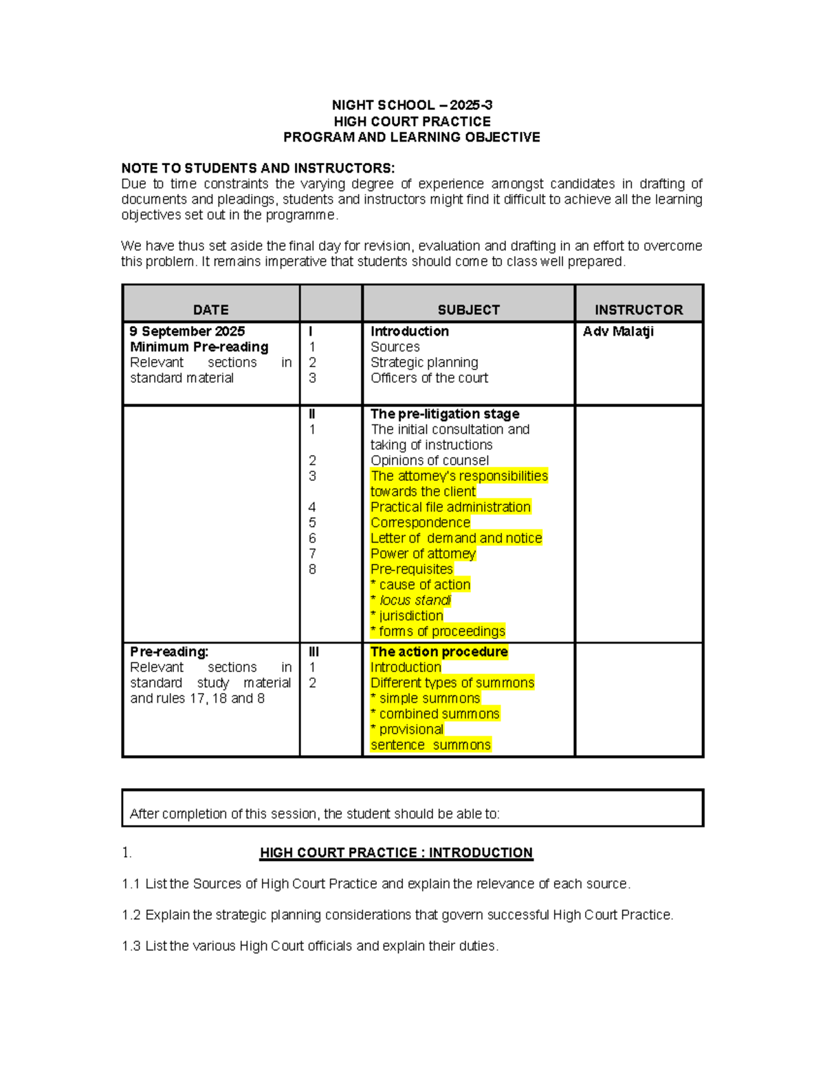 HCP 2025-3 Night School High Court Practice Program Overview - Studocu