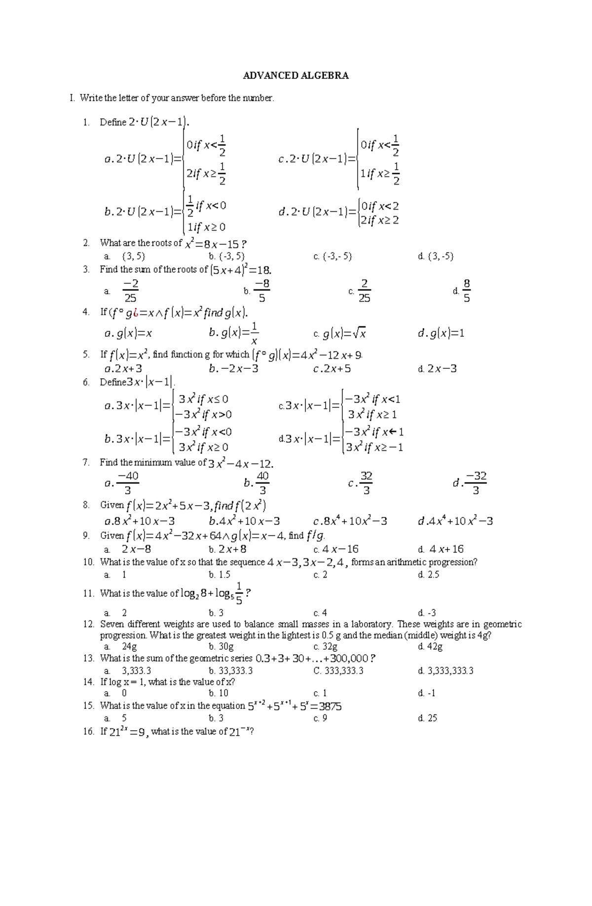Advanced Algebra I - Practice Materials and Review Questions - Studocu