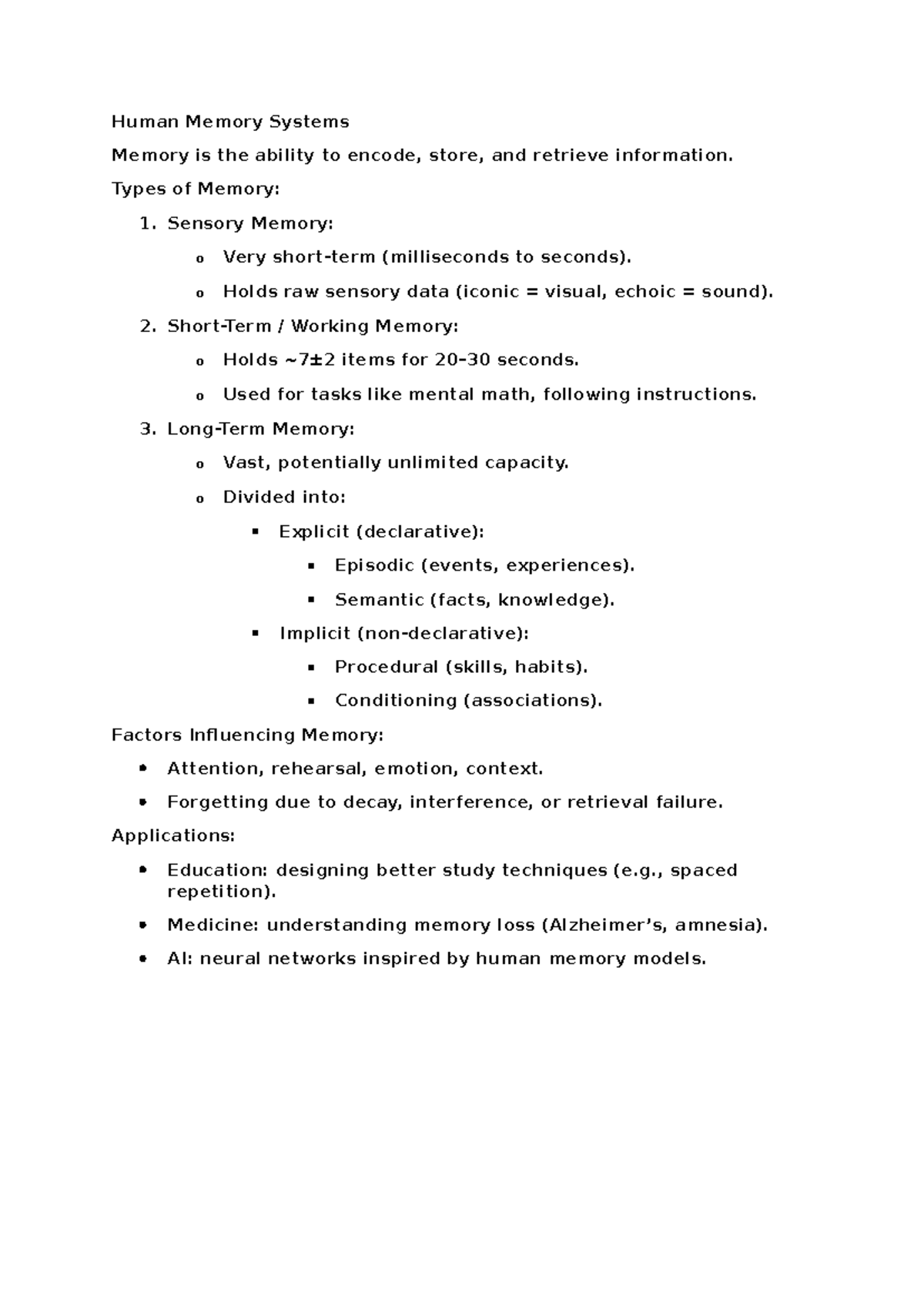 Human Memory Systems: Types, Influences, and Applications - Studocu