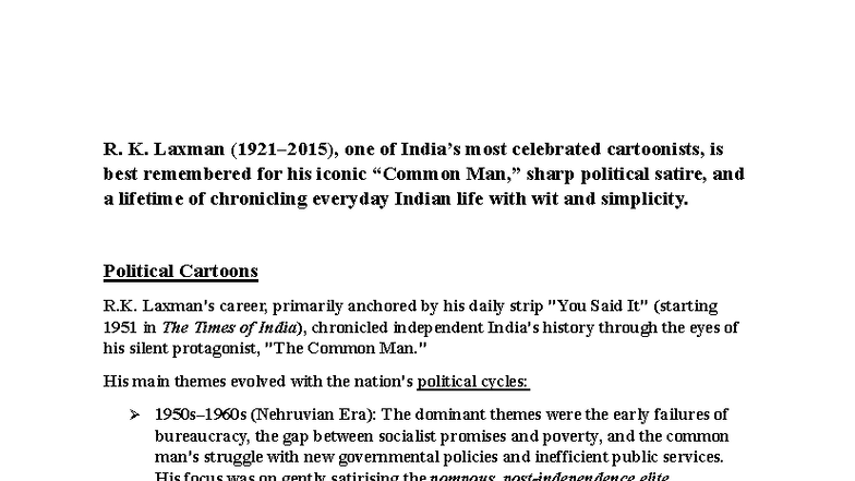 Cartoonist R.K. Laxman: Political Satire & Social Commentary Notes ...