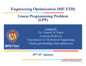 Engineering Optimization (ME F320) Linear Programming Concepts and Methods - Studocu