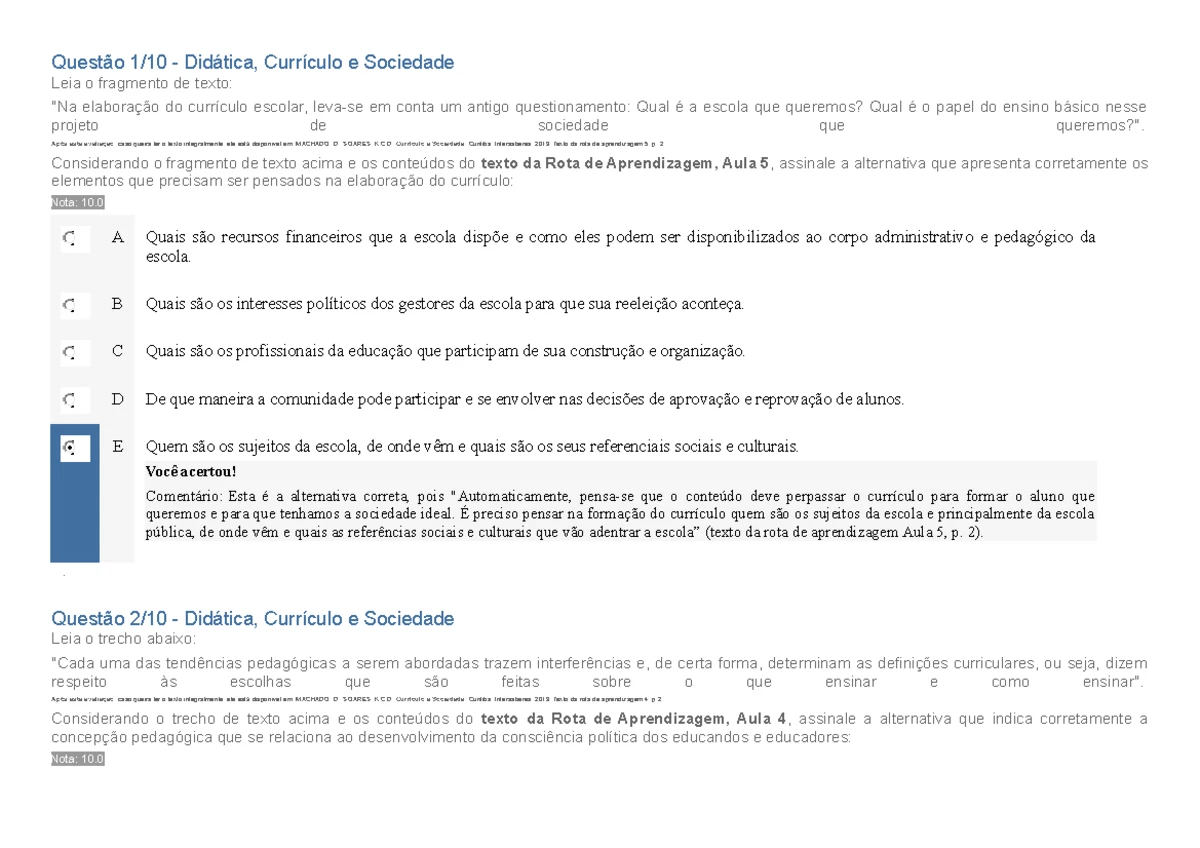 Didática Currículo E Sociedade - APOL 02 - Gabarito 02 - Questão 1/10 ...