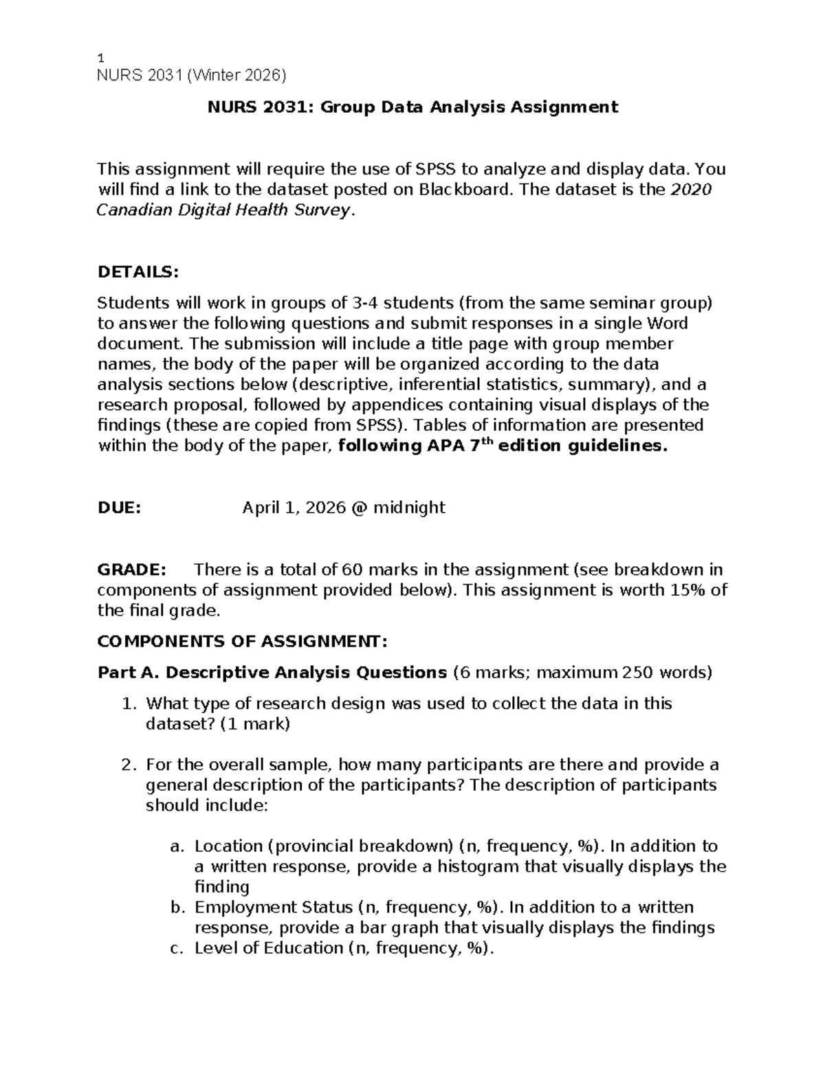 NURS 2031 (Winter 2026) Group Data Analysis Assignment Guidelines - Studocu