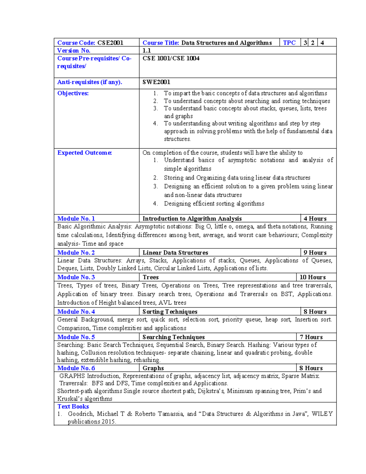 CSE2001 Data Structures and Algorithms Course Overview and Lab ...