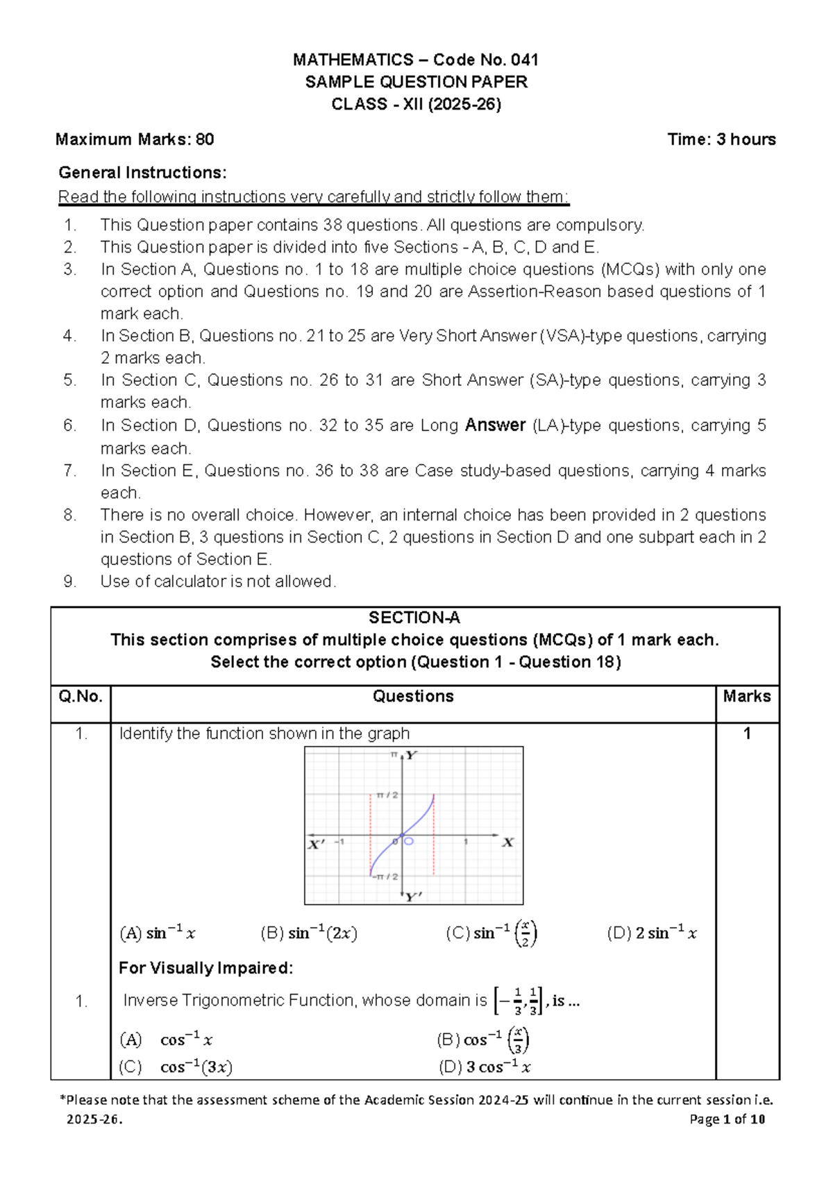 MATHEMATICS Code No. 041 SAMPLE QUESTION PAPER CLASS XII - Studocu
