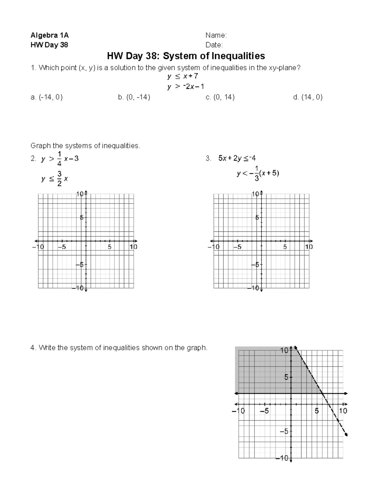 Algebra 1A HW Day 38: Systems of Inequalities Solutions - Studocu