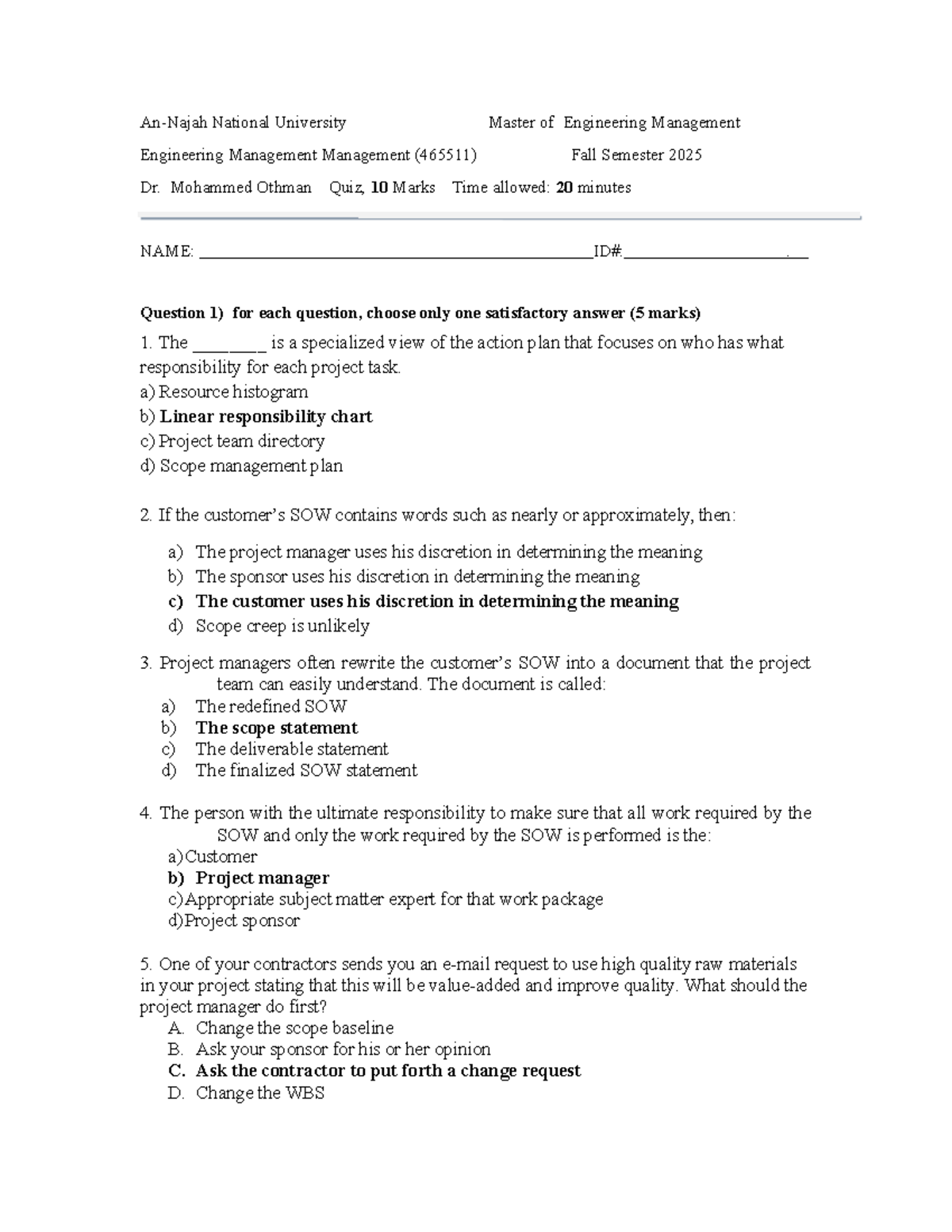 Quiz on Project Management (465511) - Solutions for Fall 2025 - Studocu