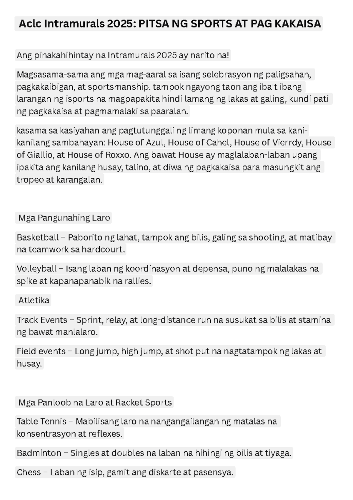 ACLC Intramurals 2025: Pagsasama-sama sa Sports at Pagkakaisa - Studocu