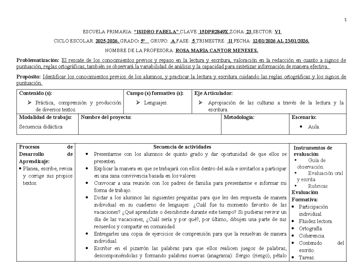 Planeación Didáctica 5° Grado - Isidro Fabela (Enero 2026) - Studocu