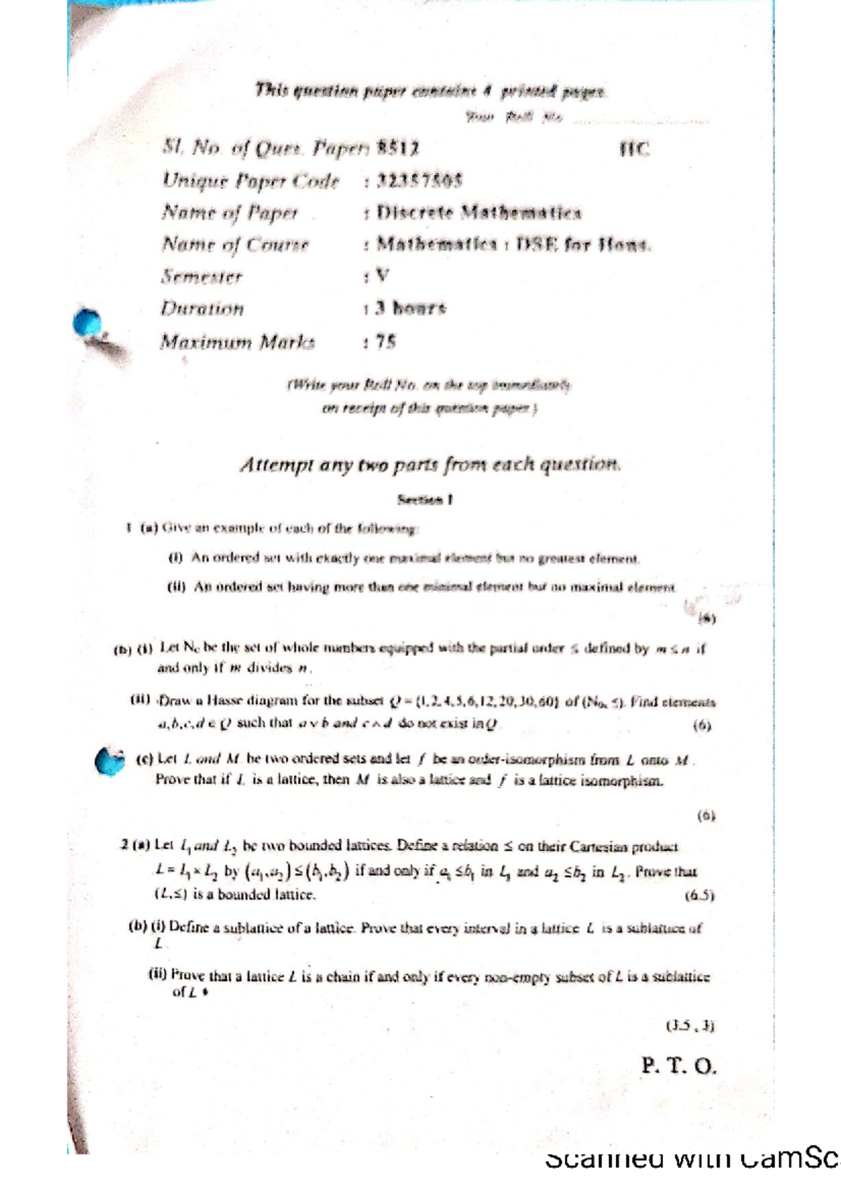 Discrete Mathematics Paper 1 - Exam Questions (Course Code: 8512 HC ...