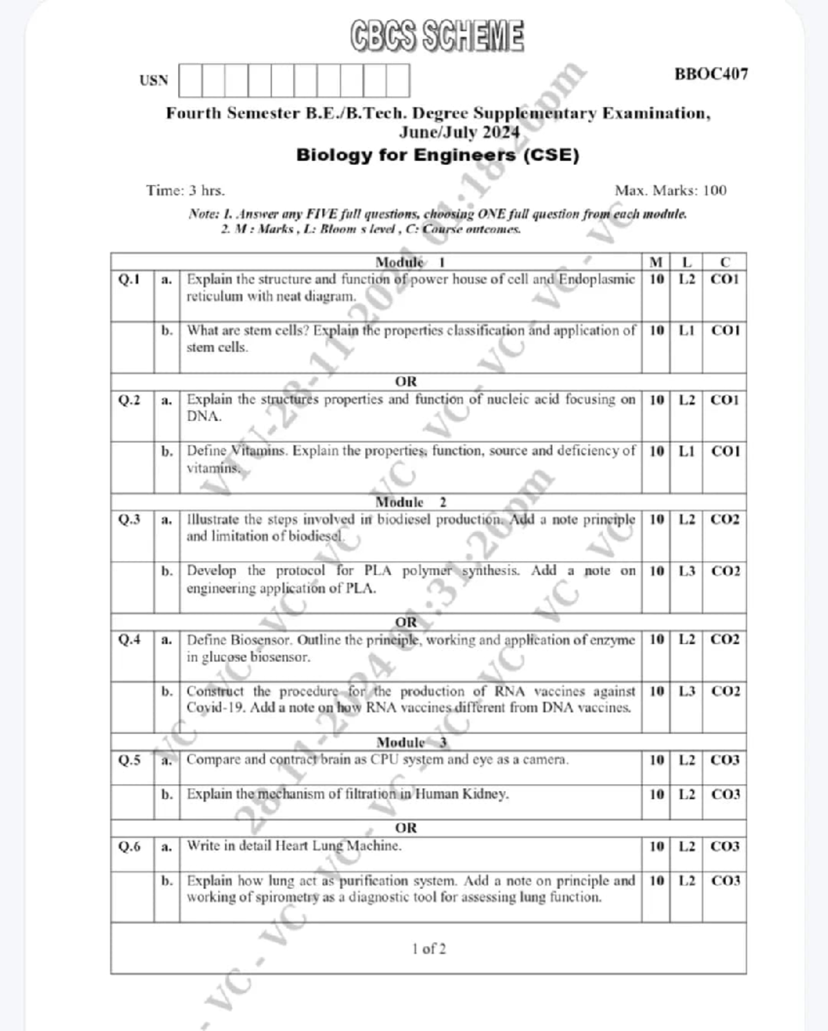 Biology for Engineers (CSE) BBOC407 Fourth Sem Exam Guide 2024 - Studocu
