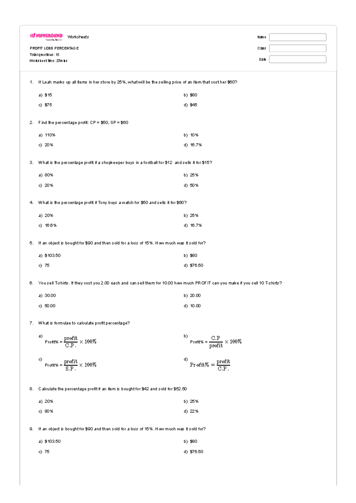 Profit & Loss Percentage Worksheet - Class Total Qs: 15 - Studocu