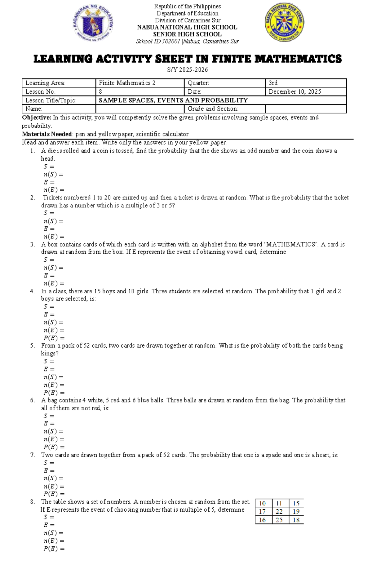 LAS Finite Math 2: Sample Spaces & Probability Activities - Studocu