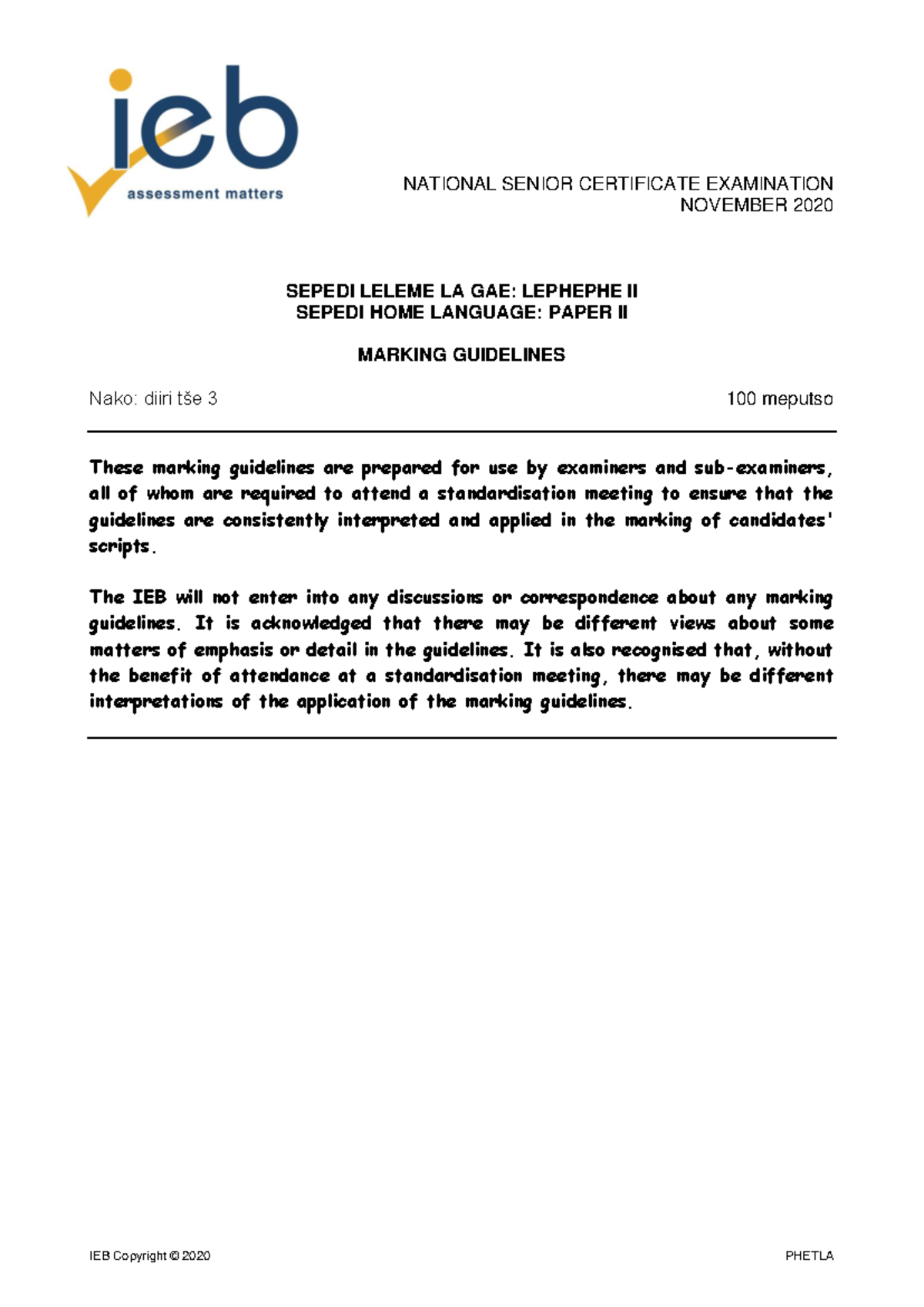 NATIONAL SENIOR CERTIFICATE: SEPEDI HL HOME LANGUAGE P2 MARKING ...