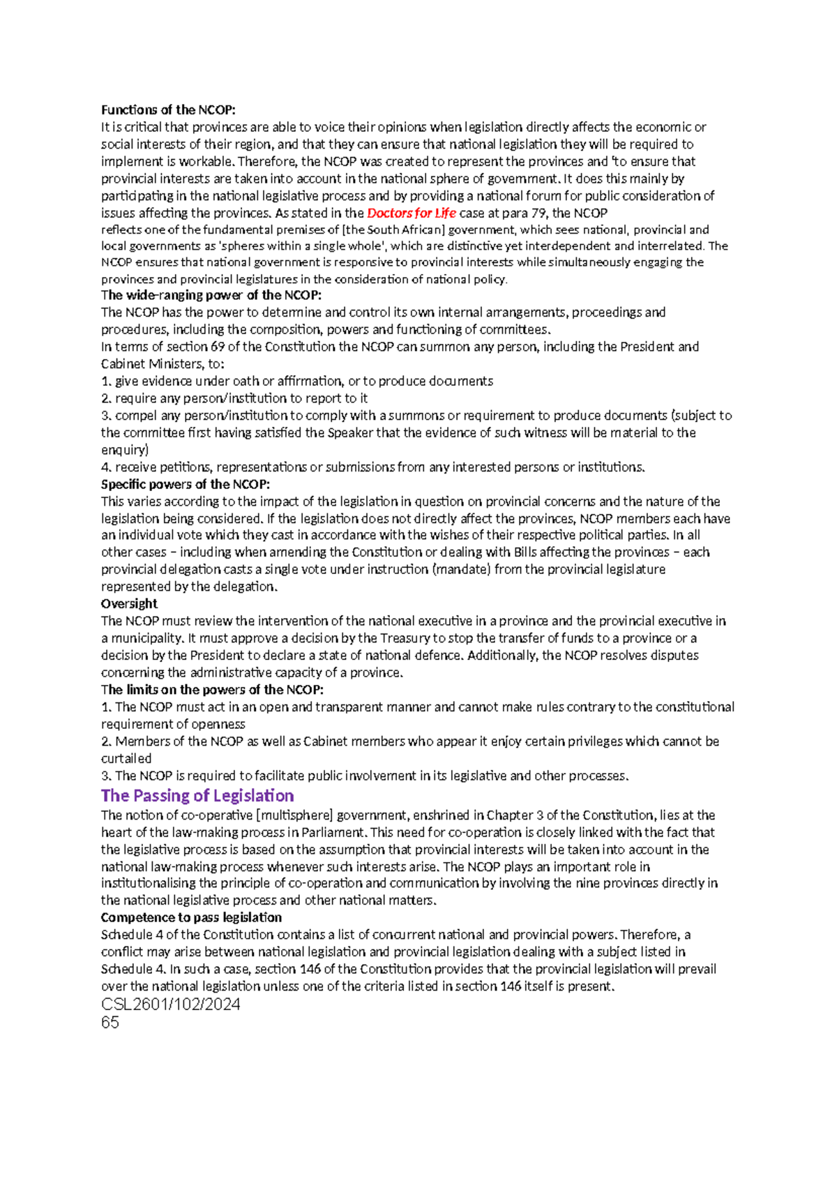 CSL2601 Functions and Powers of the NCOP in Legislative Processes - Studocu