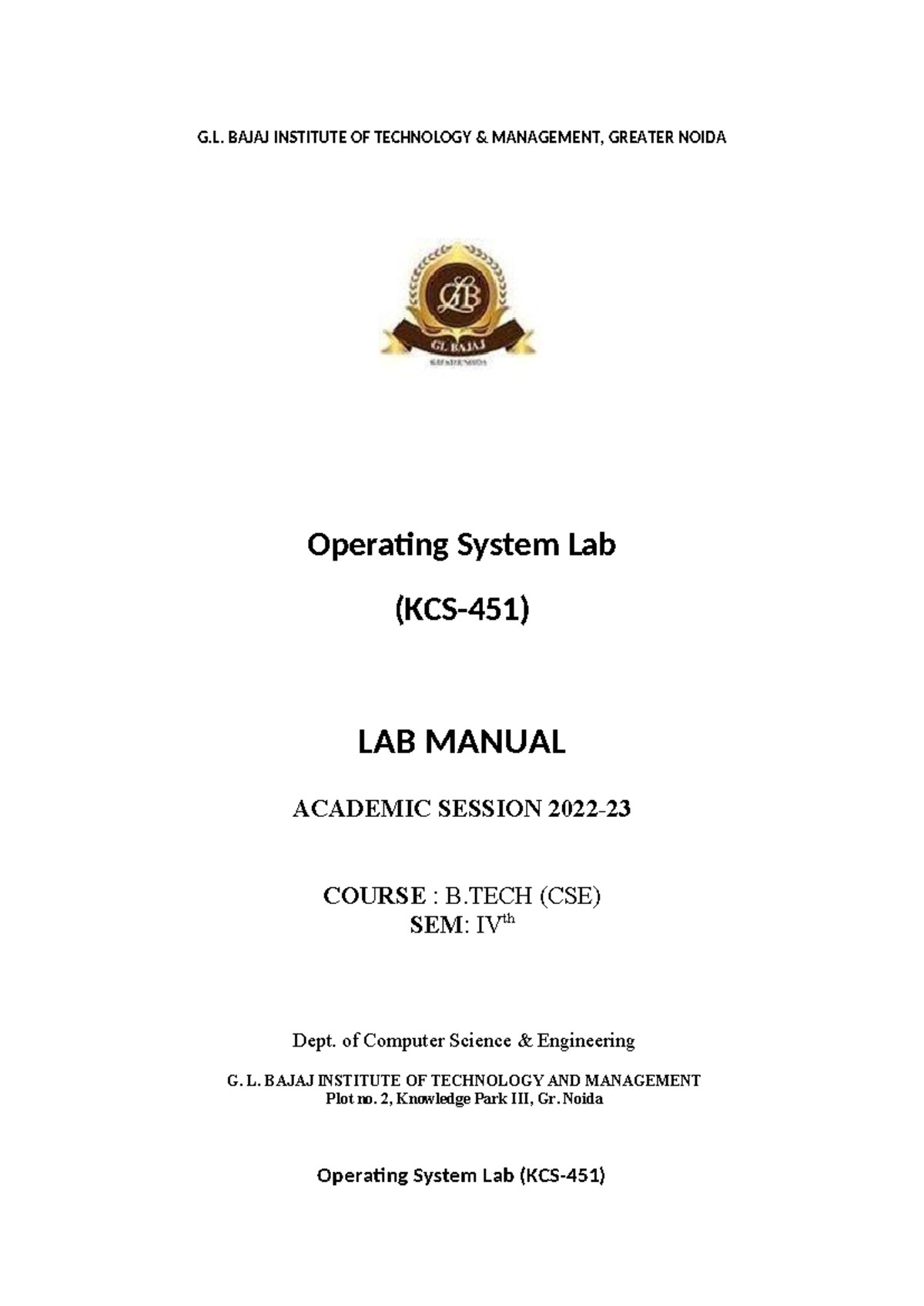 Operating System Lab Manual for B.TECH (CSE) SEM IV - G.L. Bajaj - Studocu