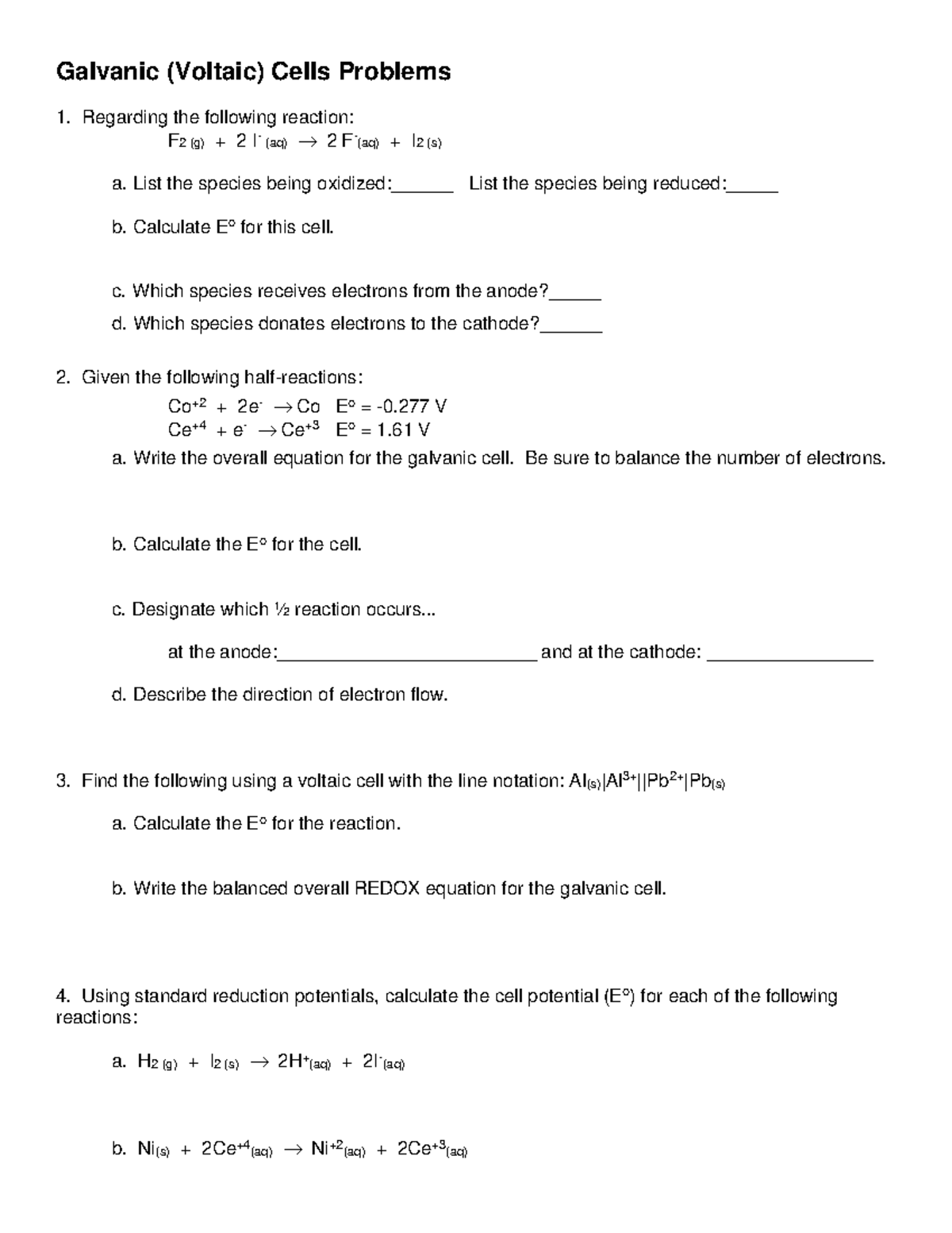4a - Galvanic Cells Worksheet - Galvanic (Voltaic) Cells Problems ...