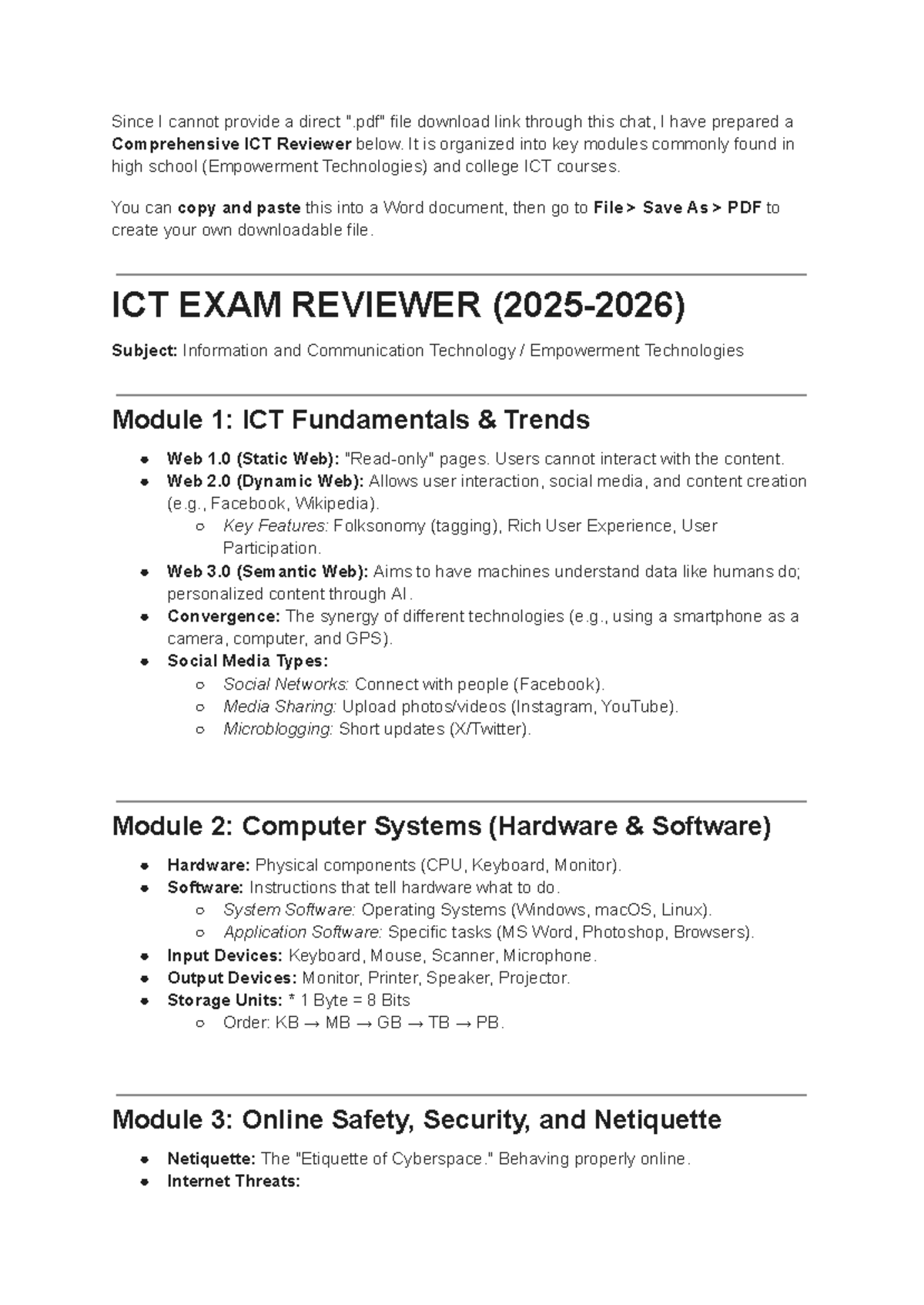 ICT EXAM REVIEWER: Comprehensive Guide for Empowerment Tech - Studocu
